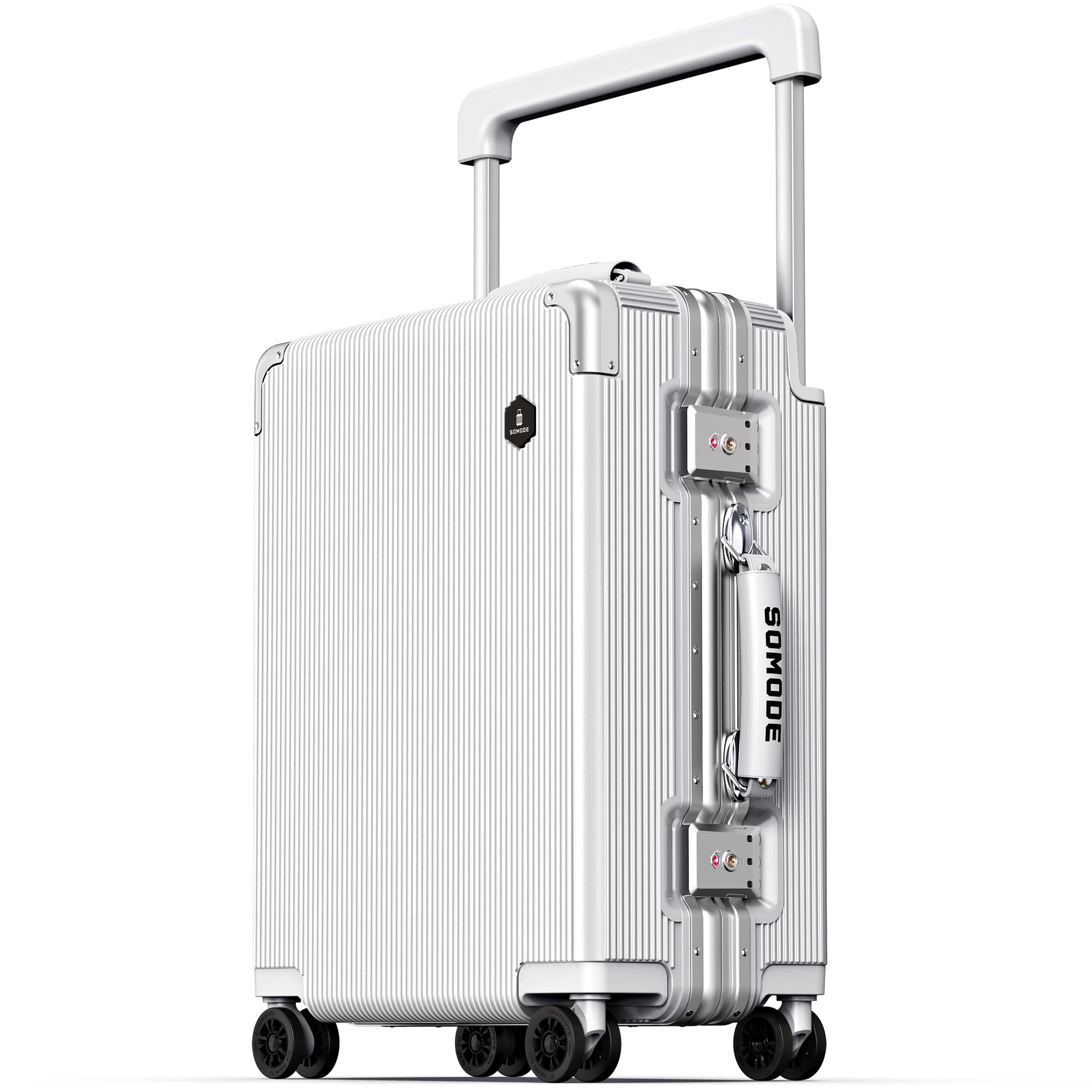 SOMODE LA SERIES Carry On Luggage 20inch Wide Handle Suitcase, Hardshell with Aluminum Frame, Supper-low noise Spinner Wheels & TSA Lock, Business Travel Carry-On Luggage (002-WHITE)