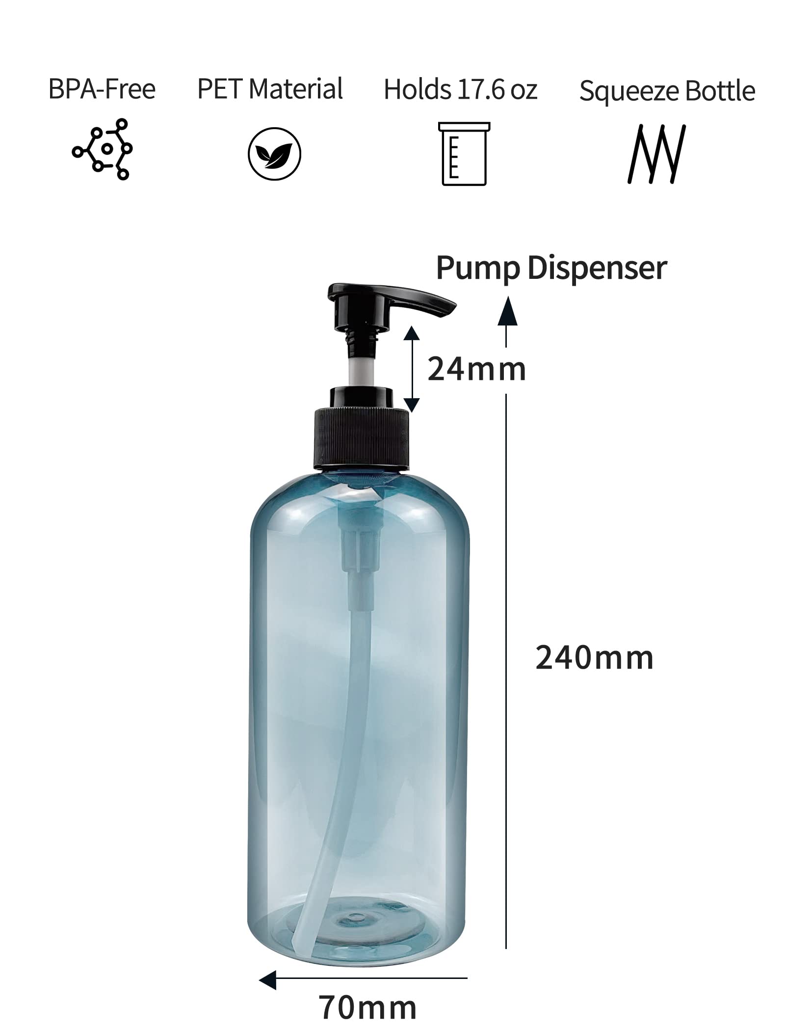 Empty Plastic Bottles with Pump Dispenser Blue Soap Dispenser Bottles, Refillable Travel Containers for Hand sanitizer Shampoo Lotion, etc. - No BPA/Paraben, 500ml/16.9oz(3Pack)