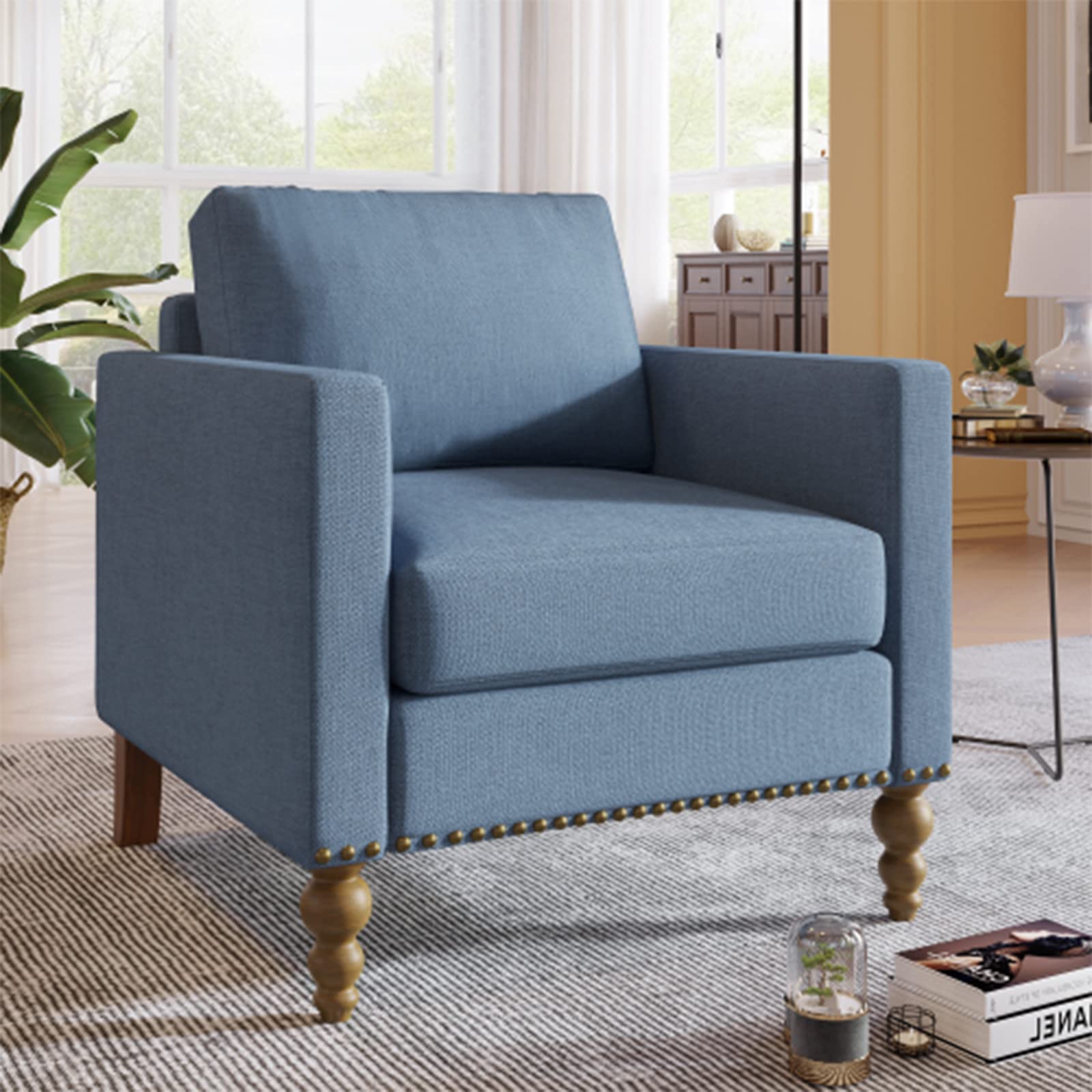 LCMKR Linen Sofa Chair Comfy Small Accent Chairs with Wooden Legs Single Sofa Couch,Suitable for Living Room, Bedroom, Navy Blue