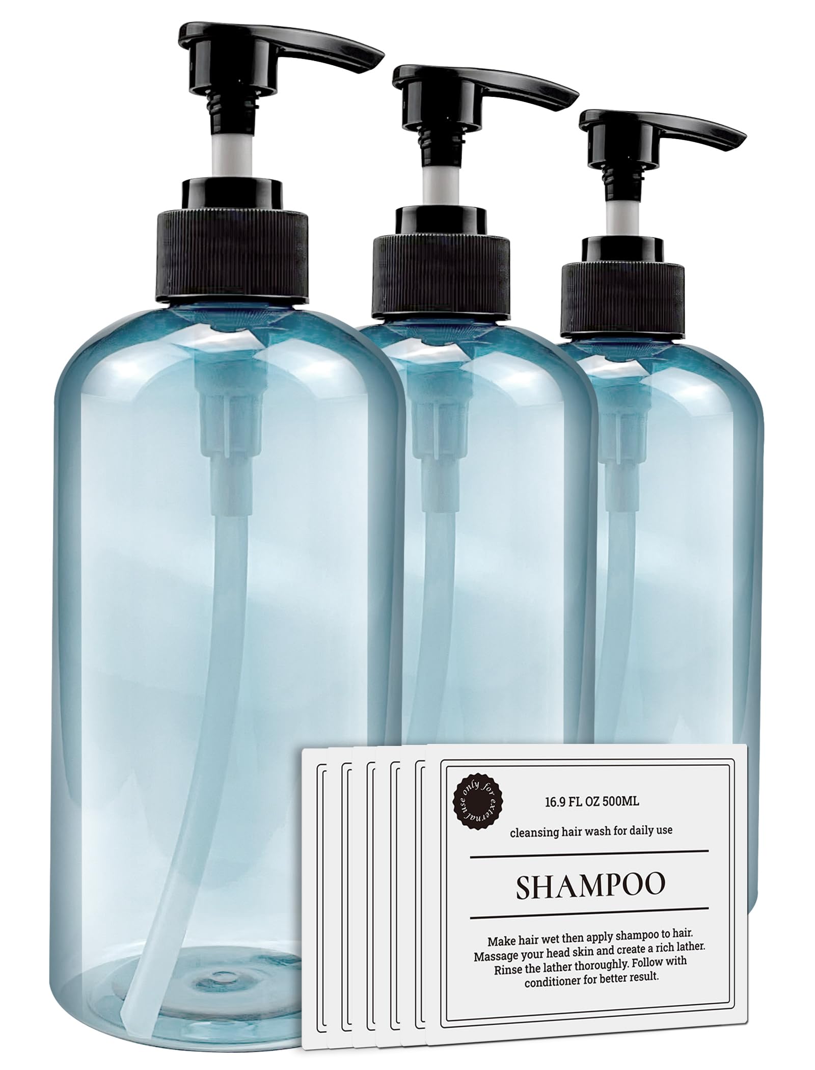 Empty Plastic Bottles with Pump Dispenser Blue Soap Dispenser Bottles, Refillable Travel Containers for Hand sanitizer Shampoo Lotion, etc. - No BPA/Paraben, 500ml/16.9oz(3Pack)