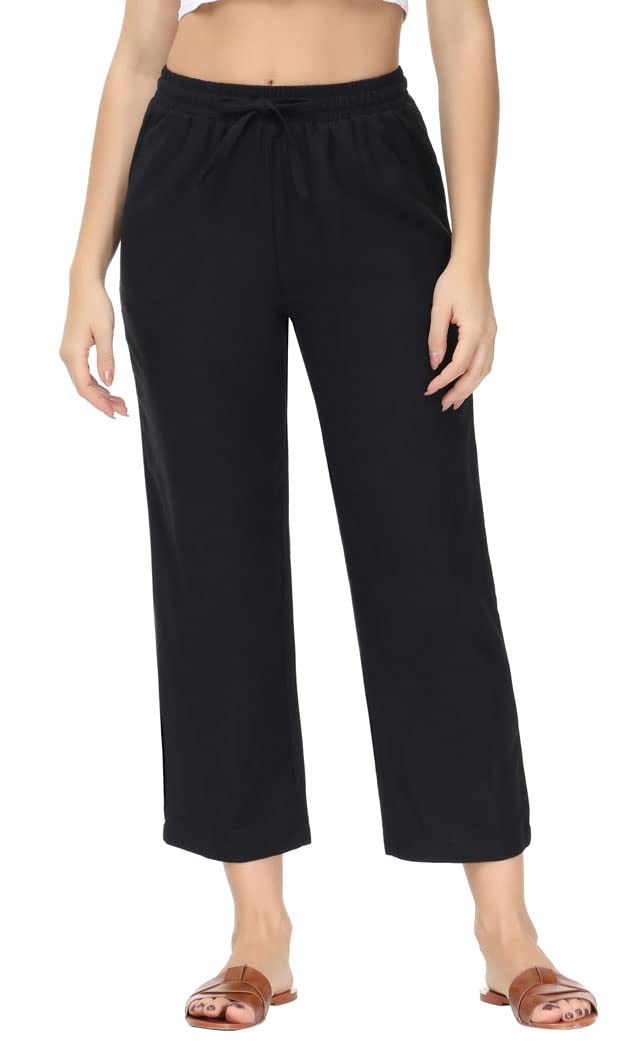 Soojun Women's Linen Blend Drawstring Wide Leg Cropped Pant, Black, Medium