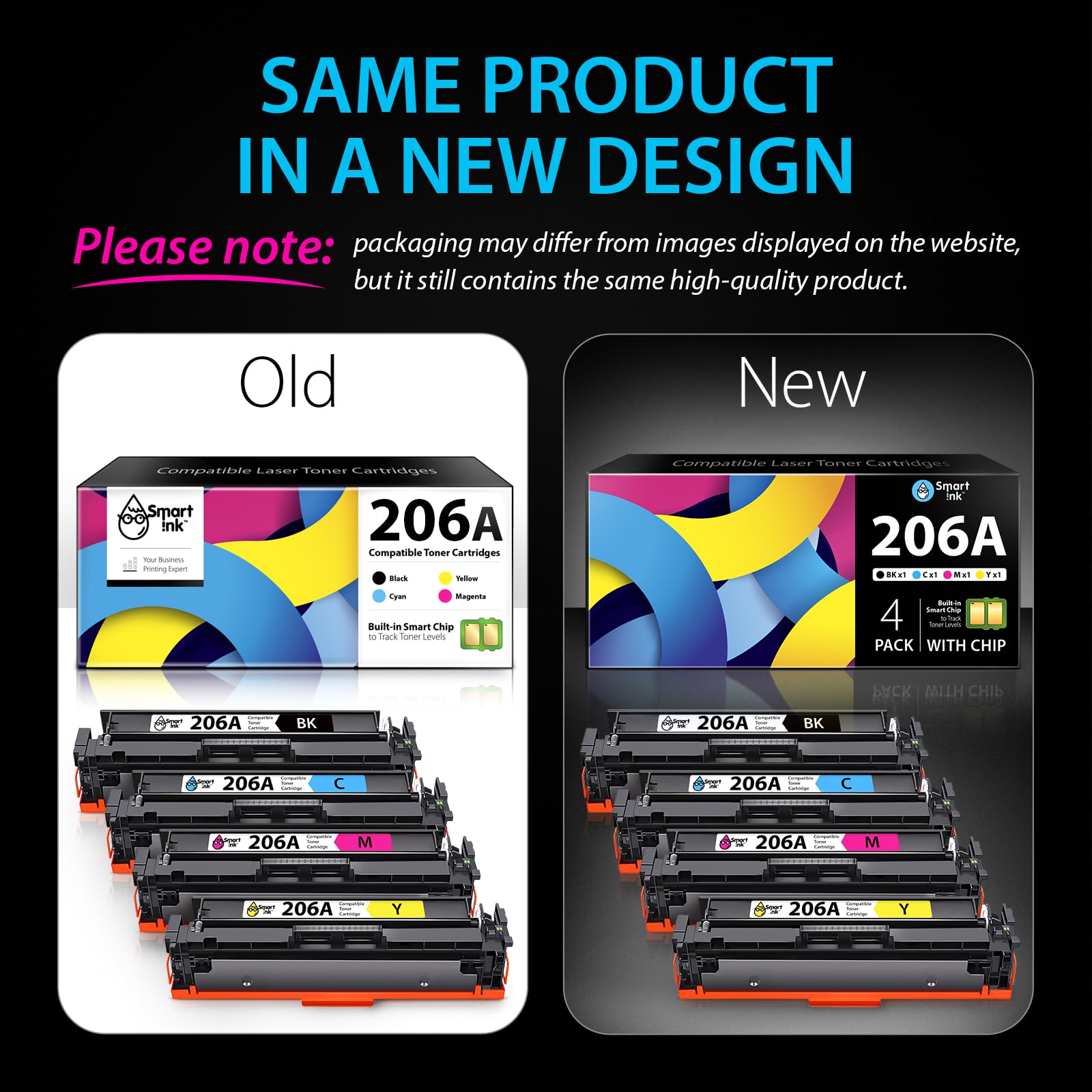 Smart Ink Compatible Toner Cartridge Replacement for HP 206A 206 A with Built-in Chip (4 Pack) to use with Color Laserjet Pro MFP M283fdw M283cdw Laserjet Pro M255dw M255nw (Black Cyan Magenta Yellow)