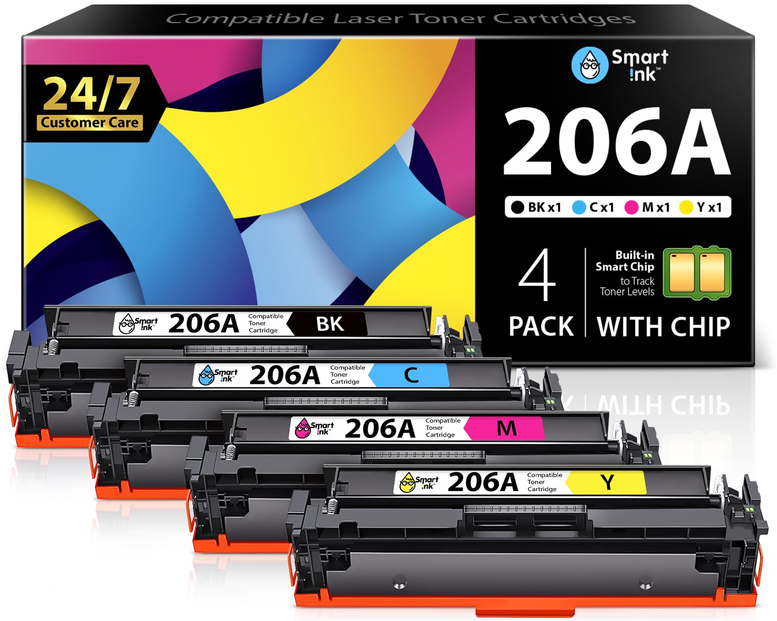 Smart Ink Compatible Toner Cartridge Replacement for HP 206A 206 A with Built-in Chip (4 Pack) to use with Color Laserjet Pro MFP M283fdw M283cdw Laserjet Pro M255dw M255nw (Black Cyan Magenta Yellow)