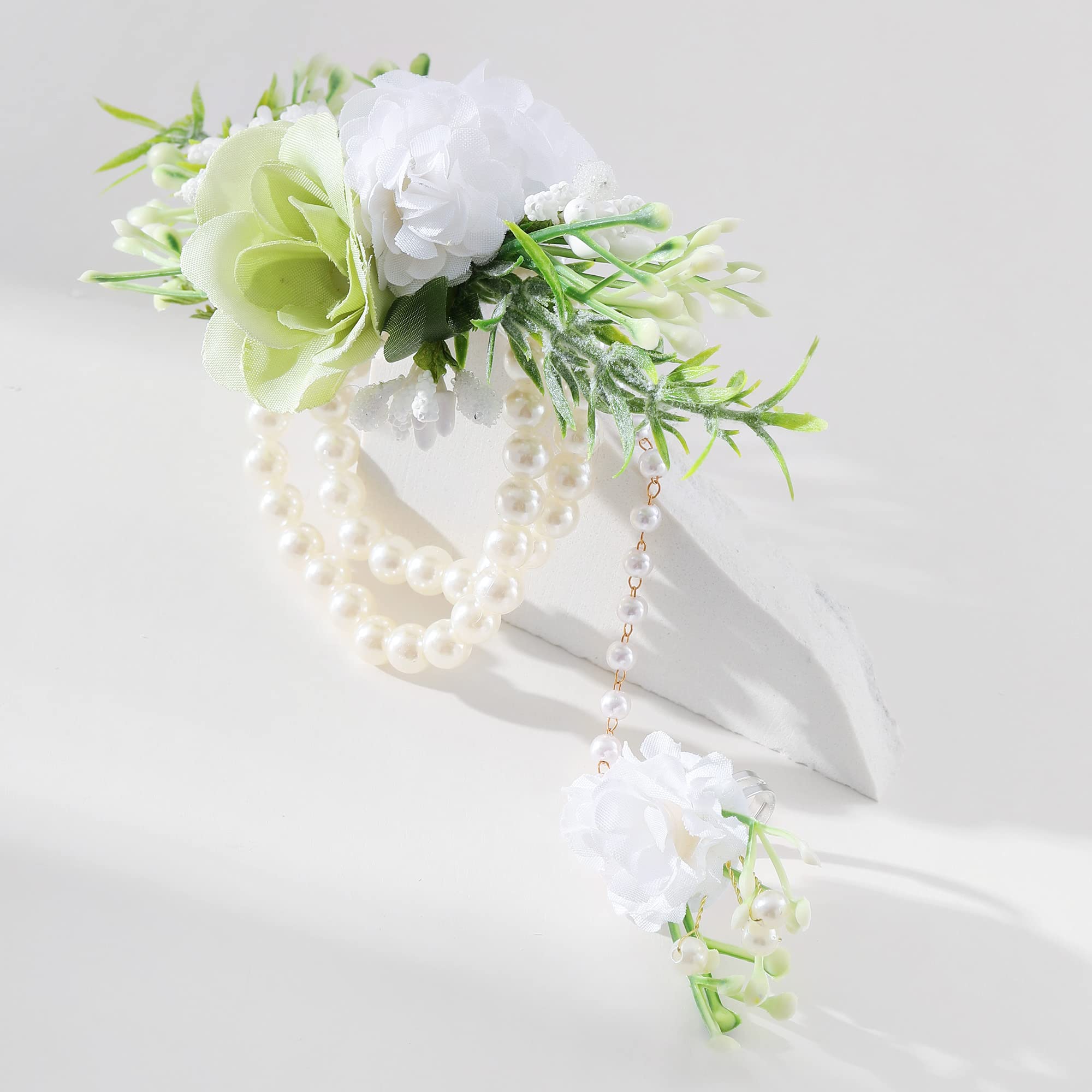 Yumikoo Rose Flower Wrist Corsage Bracelets - Prom Wedding Handmade Pearl White Corsage for Women
