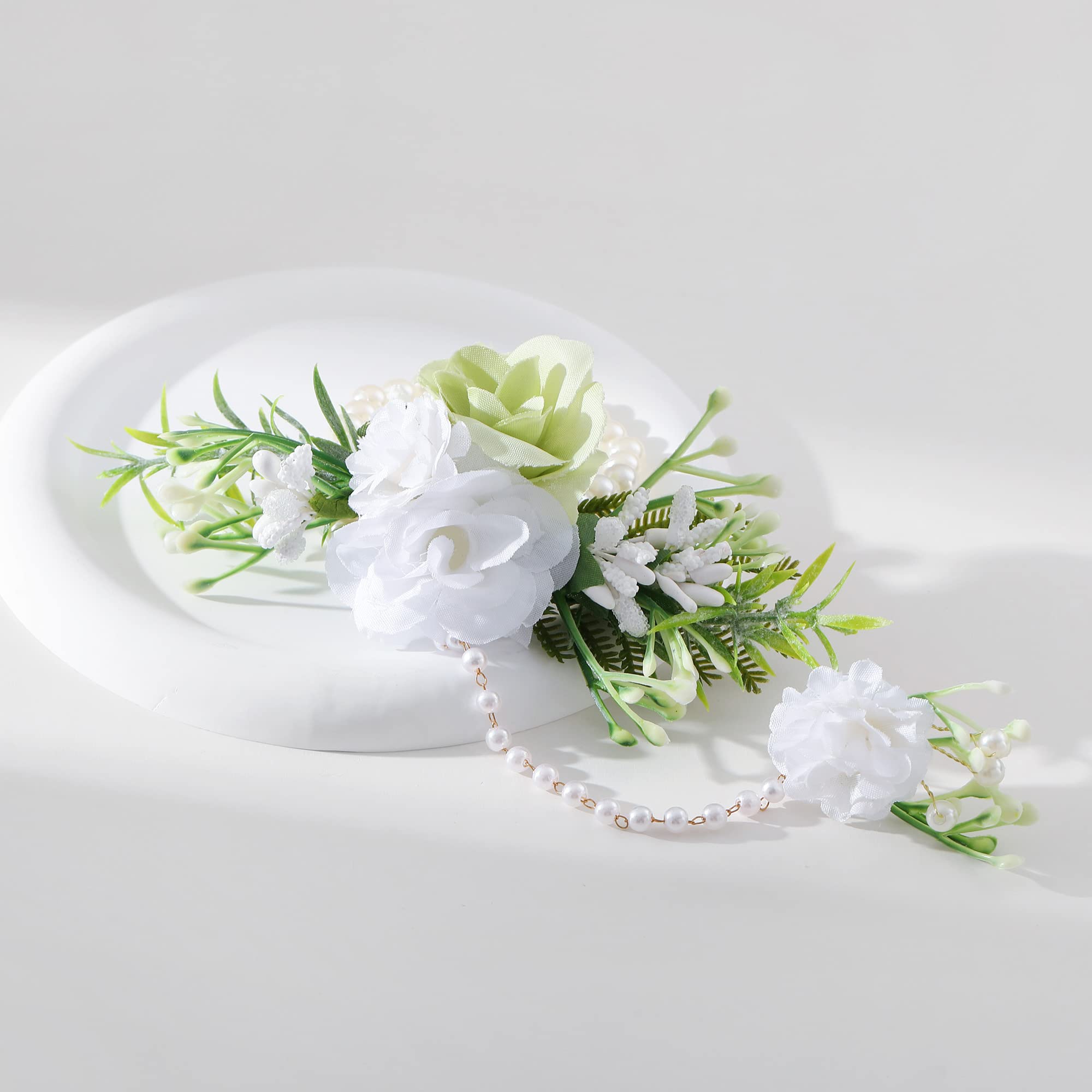 Yumikoo Rose Flower Wrist Corsage Bracelets - Prom Wedding Handmade Pearl White Corsage for Women