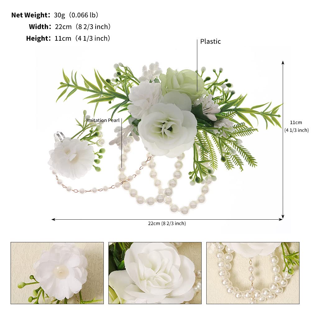 Yumikoo Rose Flower Wrist Corsage Bracelets - Prom Wedding Handmade Pearl White Corsage for Women