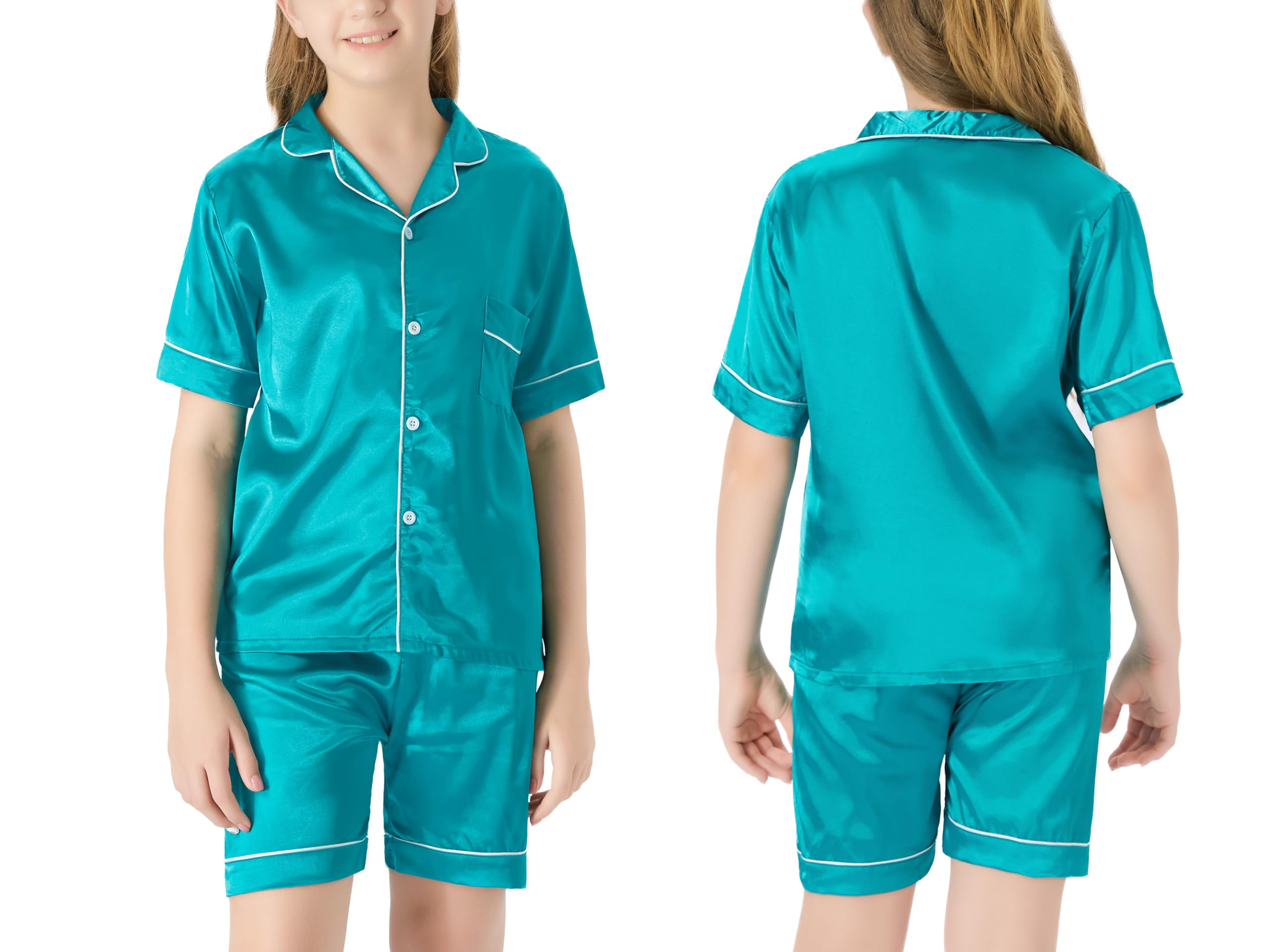 Topgal Big Girls Pajamas Size 10 – Lovely Teal Satin Short Sleeve & Shorts PJ Set Sleepwear
