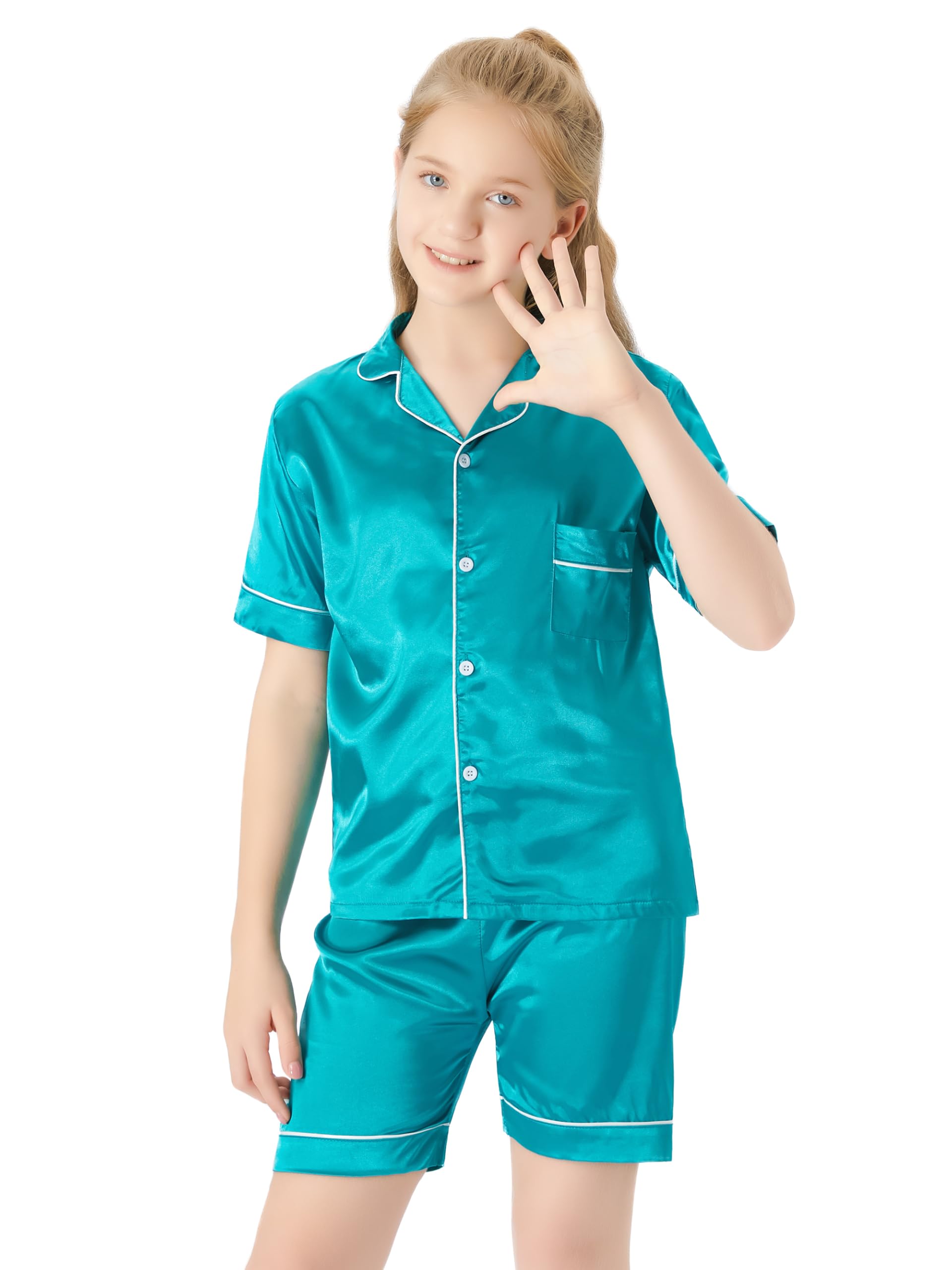 Topgal Big Girls Pajamas Size 10 – Lovely Teal Satin Short Sleeve & Shorts PJ Set Sleepwear
