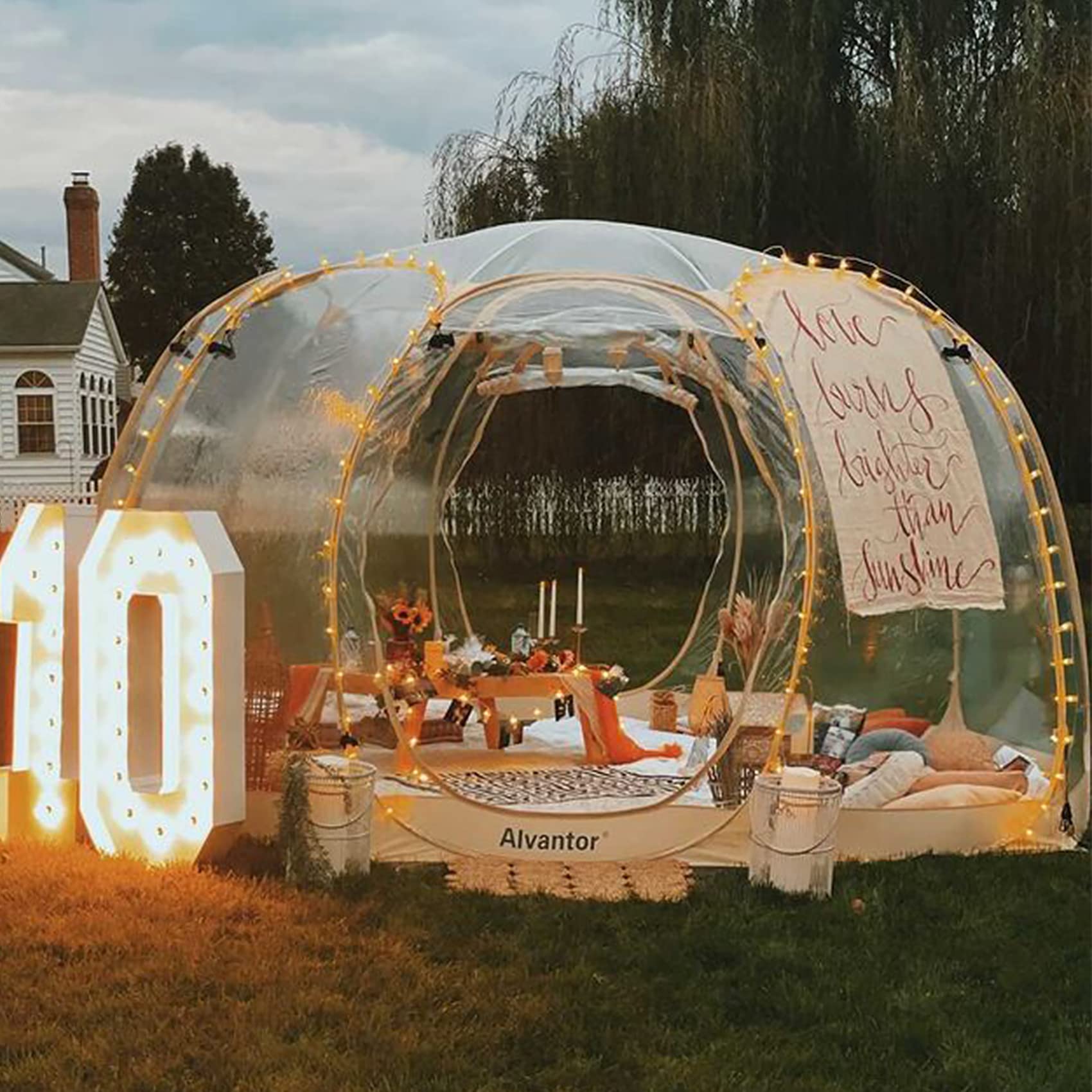 Alvantor Pop Up Bubble Tent - 15’ x 15’ Instant Igloo Tent - 12-15 Person Screen House for Patios - Large Oversize Weather Proof Pod - Cold Protection Camping Tent - Beige