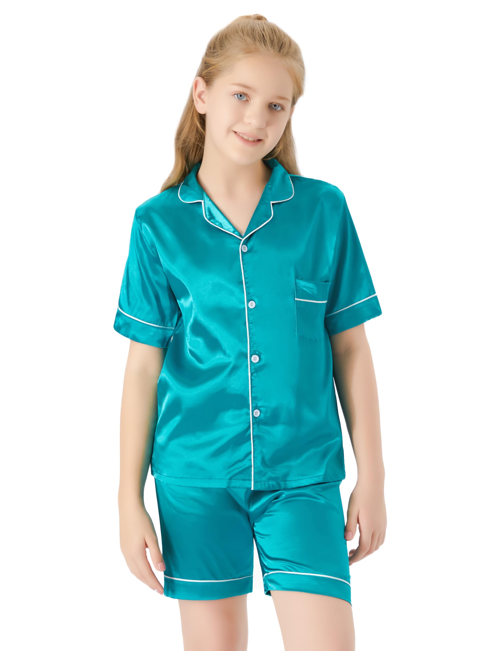Topgal Big Girls Pajamas Size 10 – Lovely Teal Satin Short Sleeve & Shorts PJ Set Sleepwear