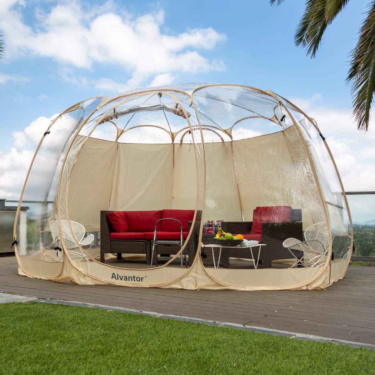 Alvantor Pop Up Bubble Tent - 15’ x 15’ Instant Igloo Tent - 12-15 Person Screen House for Patios - Large Oversize Weather Proof Pod - Cold Protection Camping Tent - Beige
