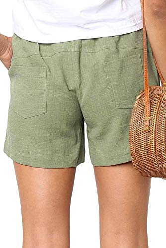 QACOHU 2024 Women's Drawstring Elastic Waist Casual Solid Comfy Cotton Linen Beach Shorts Green XL Womens Linen Summer Pants