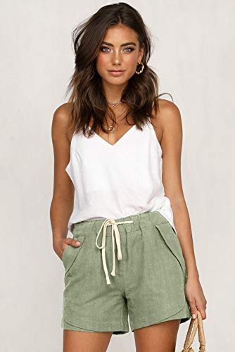 QACOHU 2024 Women's Drawstring Elastic Waist Casual Solid Comfy Cotton Linen Beach Shorts Green XL Womens Linen Summer Pants