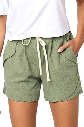 QACOHU 2024 Women's Drawstring Elastic Waist Casual Solid Comfy Cotton Linen Beach Shorts Green XL Womens Linen Summer Pants