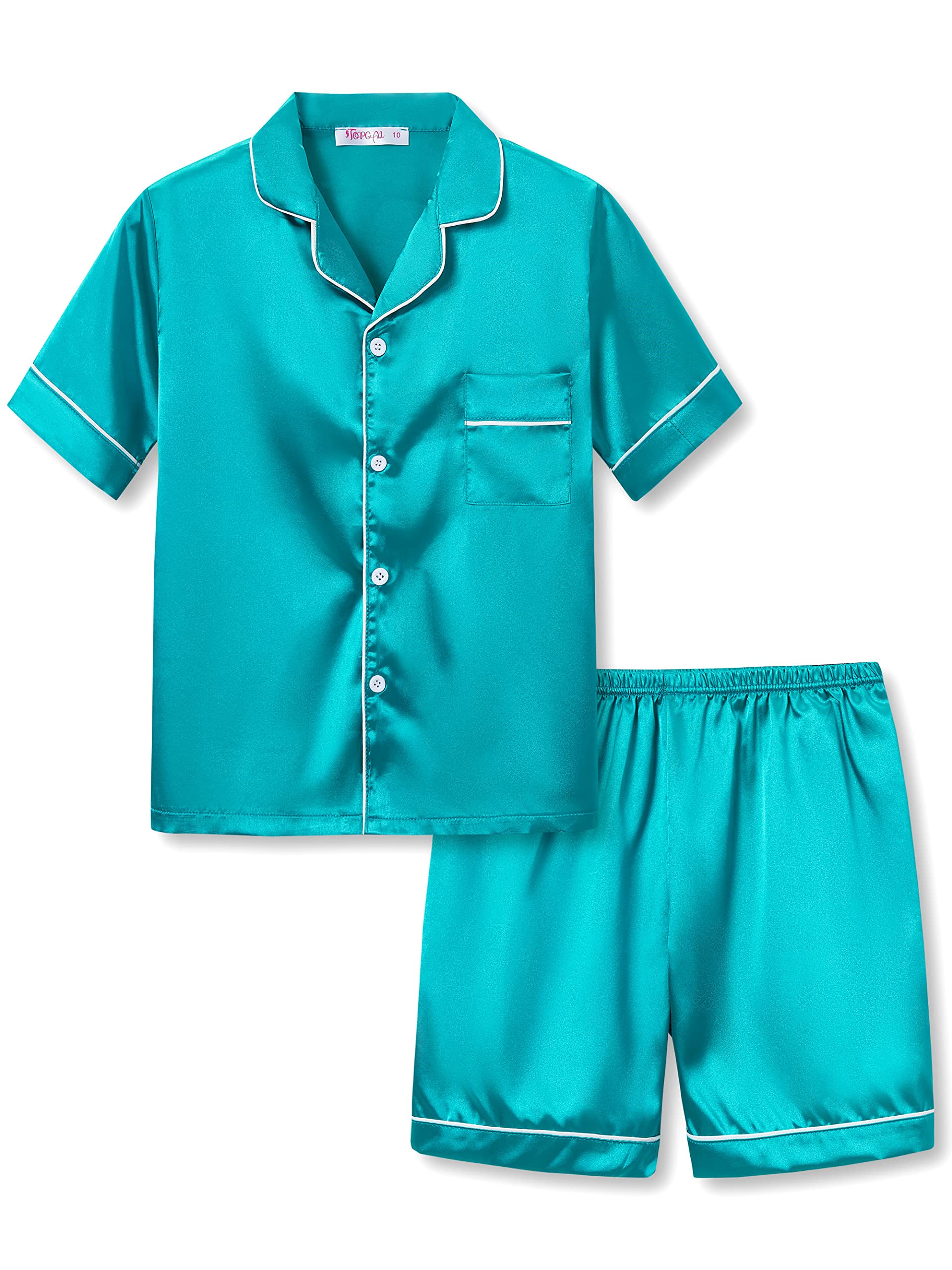 Topgal Big Girls Pajamas Size 10 – Lovely Teal Satin Short Sleeve & Shorts PJ Set Sleepwear