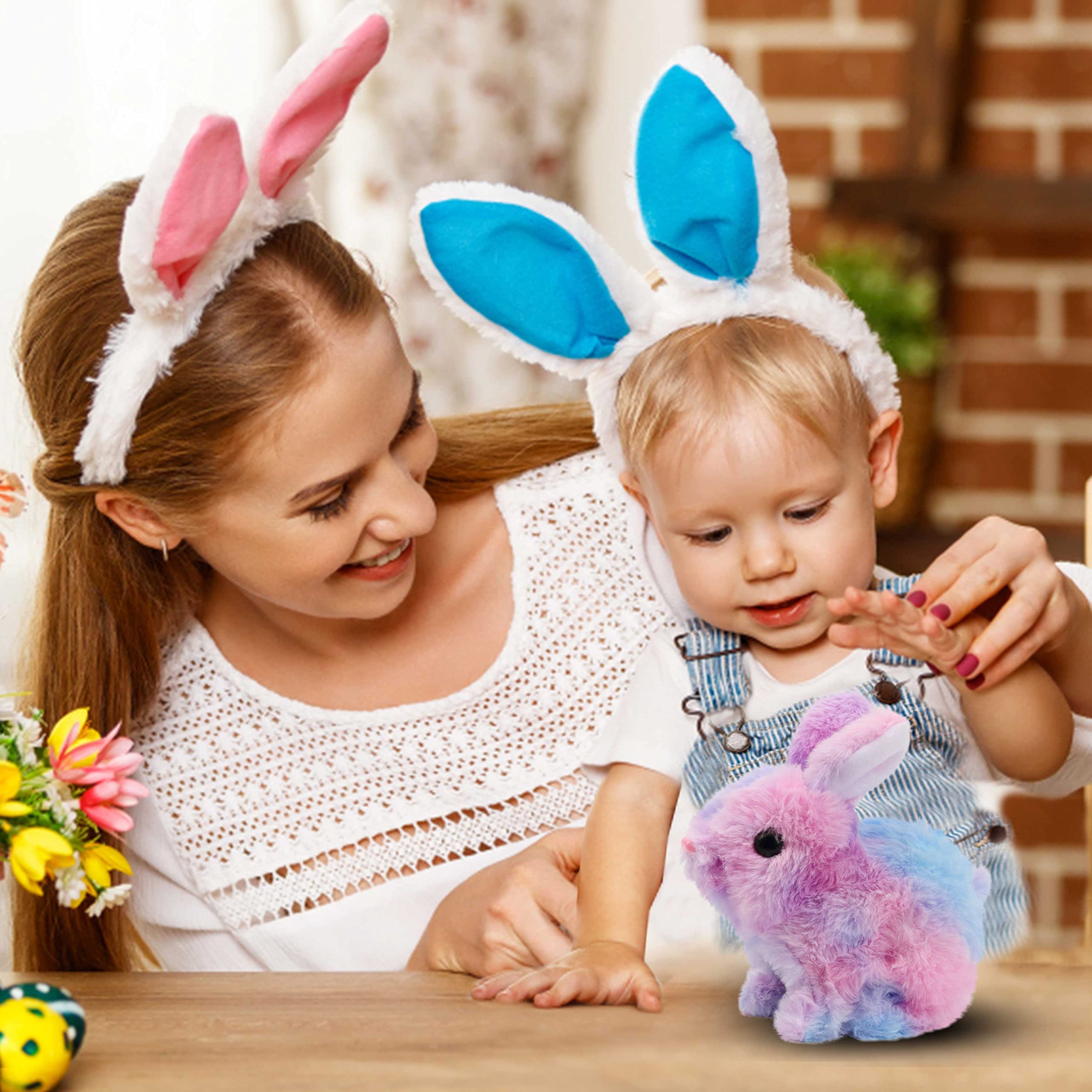 Easfan Easter Rabbit Pink Plush Jumping Spotted Rabbit Talking Hopping Ears Nose Moving Educational Plush Toy Singing Shaking Glowing Interactive Toy Electric for Toddlers Kids