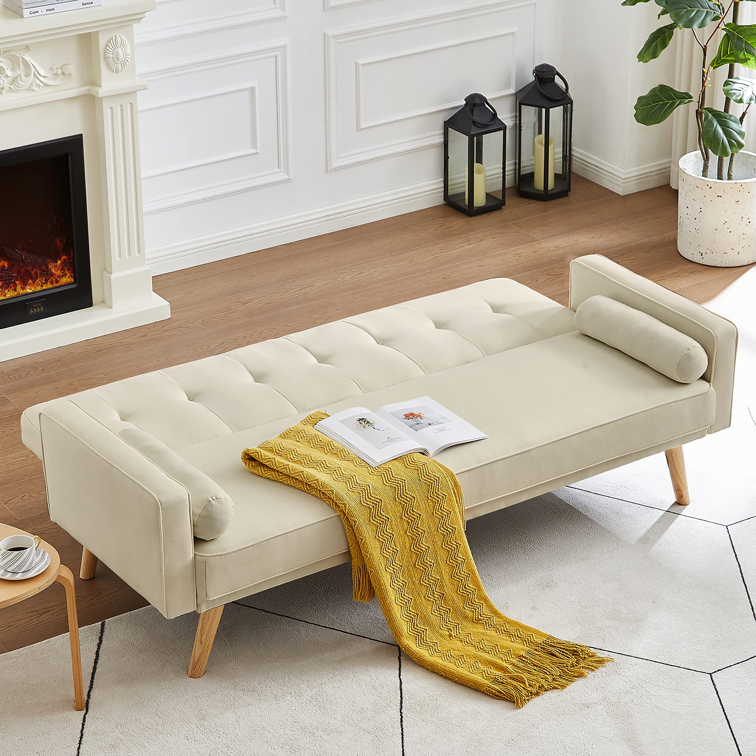 Mid-Century Convertible Futon Sofa Bed,Modern Linen Fabric Small Loveseat,Folding Sleeper Couch Bed with Armrests & 2 Pillows,Recliner Sofa with Solid wood Legs for Living Room Office (Beige)