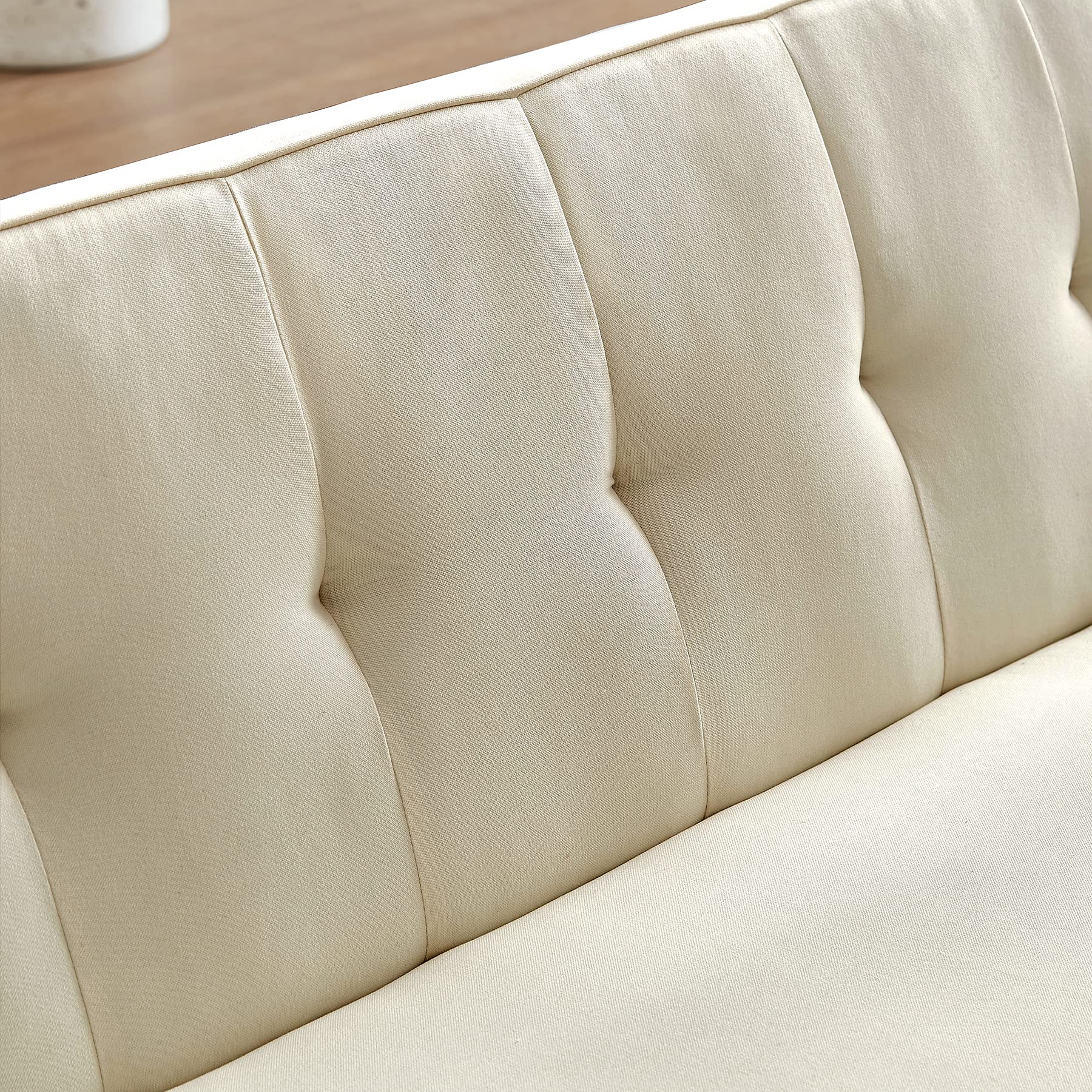 Mid-Century Convertible Futon Sofa Bed,Modern Linen Fabric Small Loveseat,Folding Sleeper Couch Bed with Armrests & 2 Pillows,Recliner Sofa with Solid wood Legs for Living Room Office (Beige)