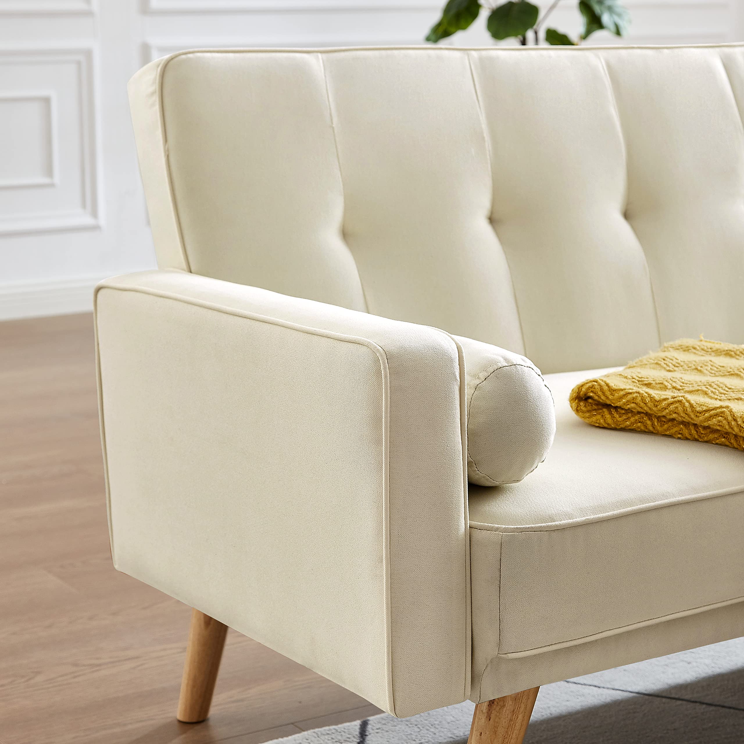 Mid-Century Convertible Futon Sofa Bed,Modern Linen Fabric Small Loveseat,Folding Sleeper Couch Bed with Armrests & 2 Pillows,Recliner Sofa with Solid wood Legs for Living Room Office (Beige)