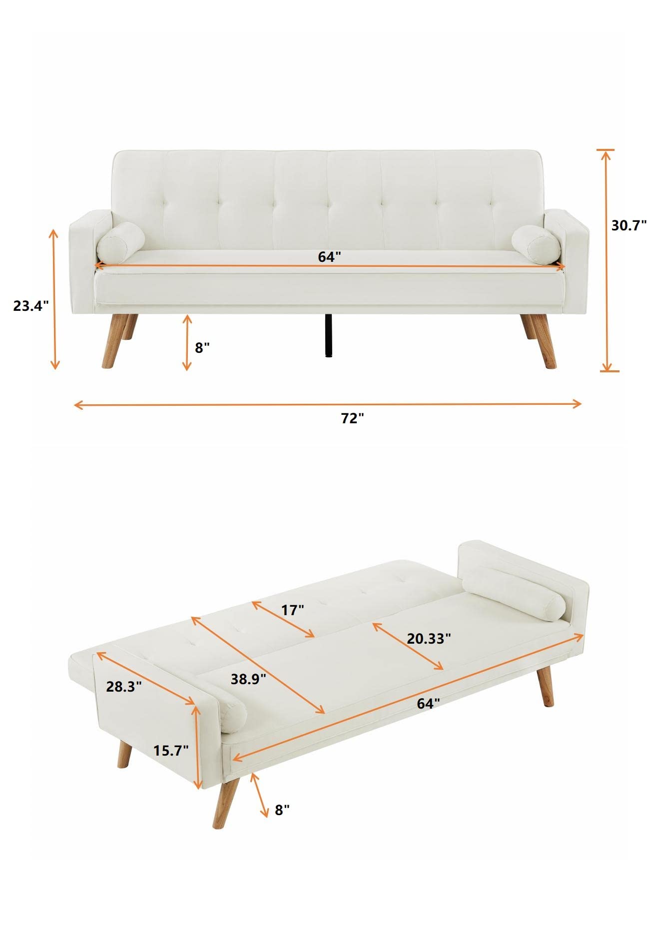 Mid-Century Convertible Futon Sofa Bed,Modern Linen Fabric Small Loveseat,Folding Sleeper Couch Bed with Armrests & 2 Pillows,Recliner Sofa with Solid wood Legs for Living Room Office (Beige)