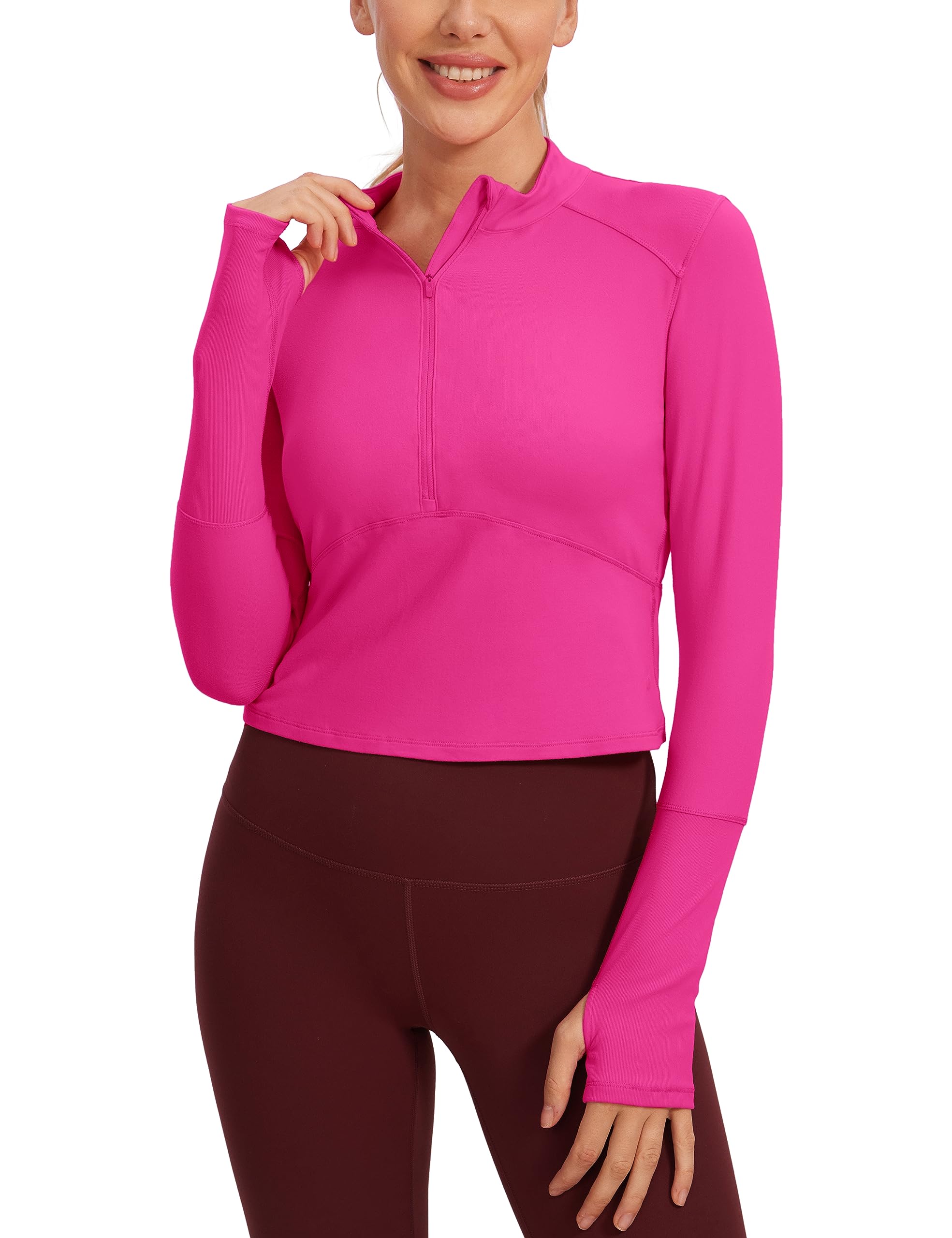 CRZ YOGA Women's Long Sleeve Crop Top Quick Dry Cropped Workout Shirts Half Quarter Zip Pullover Running Athletic Fall Shirt Hibiscus Purple Small