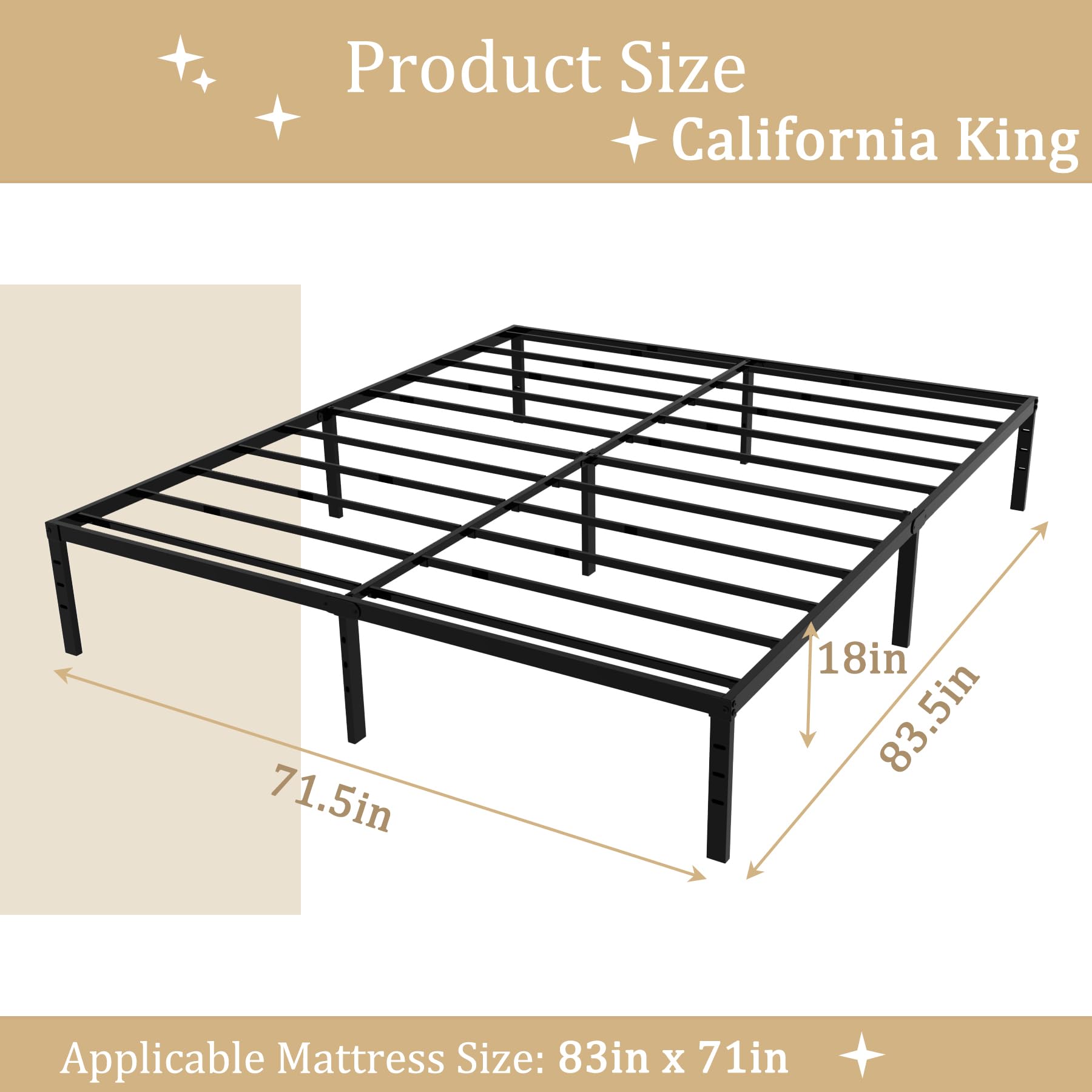 Joceret Metal Bed Frame,18 Inches California King,Simple Metal Platform Bed Frame,Storage Space Under The Bed Heavy Duty Frame Bed,Durable,Suitable for Bedroom,Black