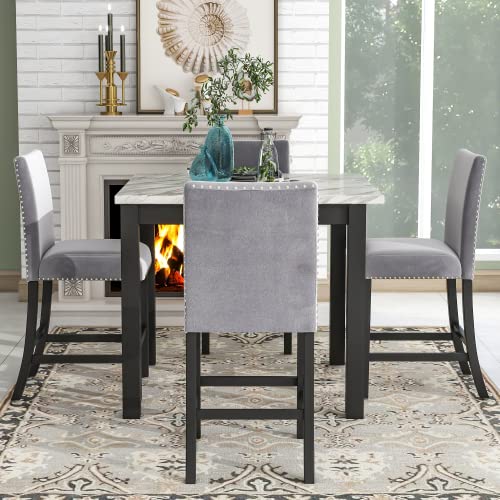 TRIPLE TREE 5-Piece Counter Height Dining Table Set with One Faux Marble Dining Table and Four Upholstered-Seat Chairs,Counter Height Dining Set Suitable for Kitchen and Living Room, Gray