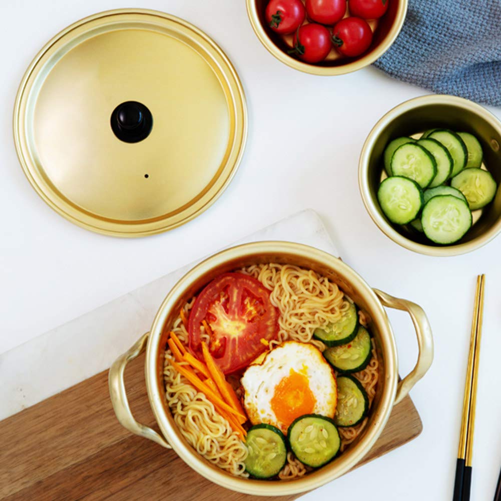 Korean ramen pan with lid quick noodle cooking pot Korean yellow aluminum soup pot noodle pot with handle for soup noodles(20cm Pot)