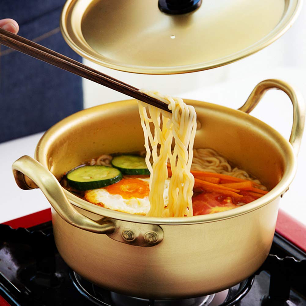 Korean ramen pan with lid quick noodle cooking pot Korean yellow aluminum soup pot noodle pot with handle for soup noodles(20cm Pot)