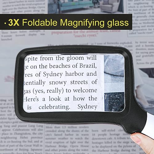Arsir 3X Folding Magnifying Glass with Light, Retancular Lighted Magnifier with 5 LED Lights, Handhold Page Magnify Lens Seniors Gift for Reading Books, Coins, Maps, Inspection, Kid Exploring -Black