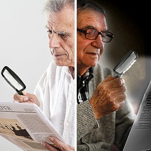 Arsir 3X Folding Magnifying Glass with Light, Retancular Lighted Magnifier with 5 LED Lights, Handhold Page Magnify Lens Seniors Gift for Reading Books, Coins, Maps, Inspection, Kid Exploring -Black