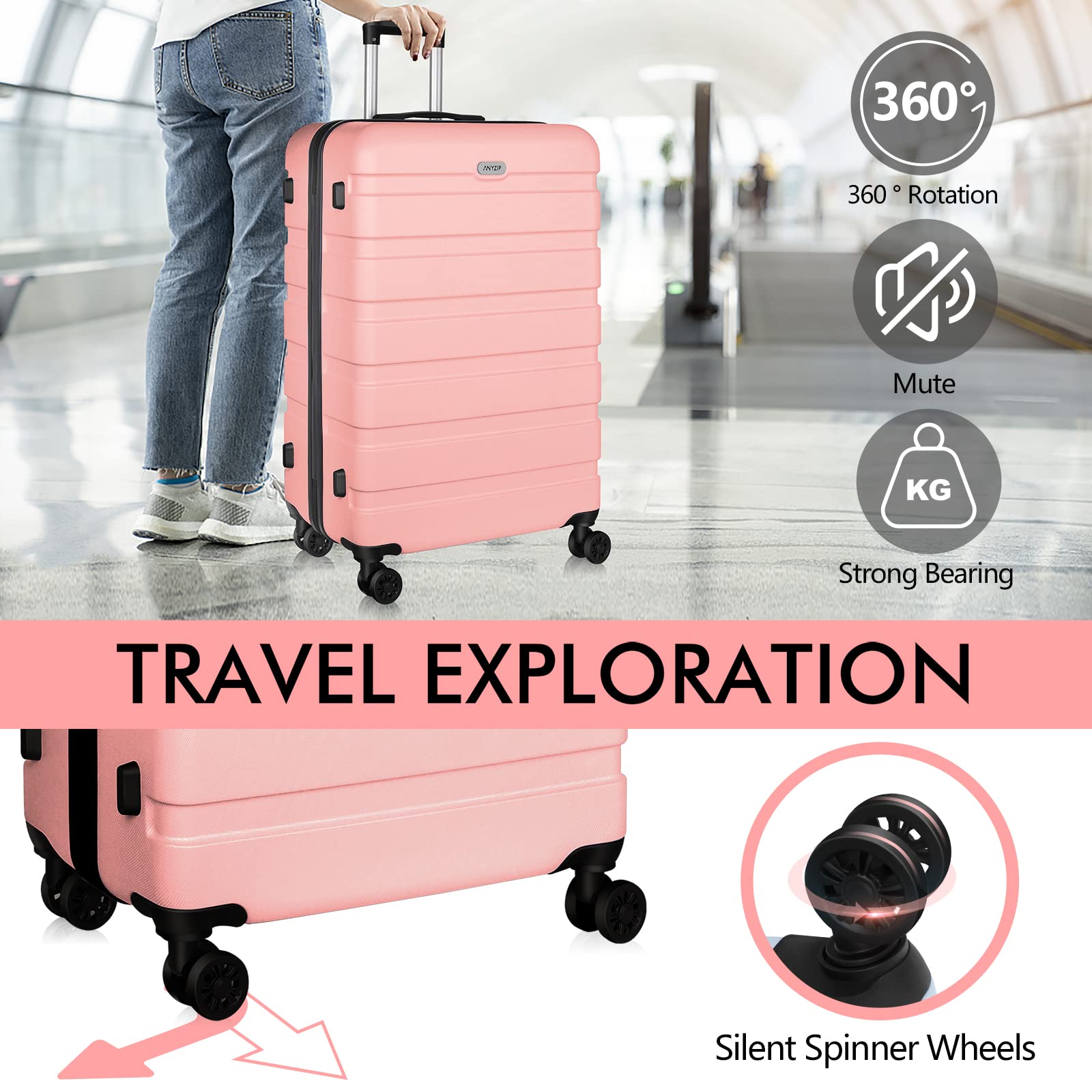 AnyZip Luggage PC ABS Hardside Lightweight Suitcase with 4 Universal Wheels TSA Lock Checked-Large 28 Inch Pink