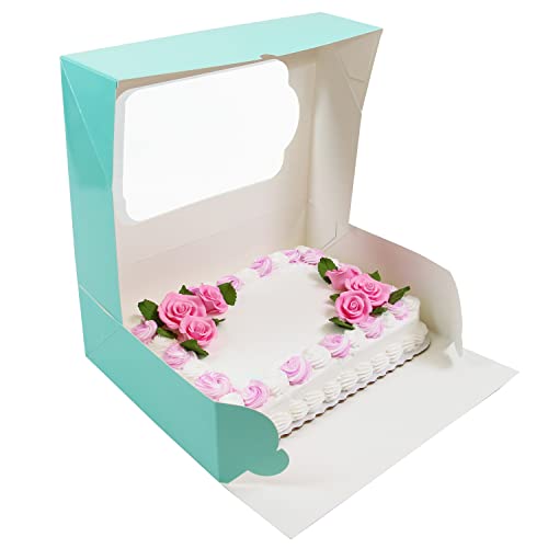 Global Sugar Art Auto-Popup Extra Deep Quarter Sheet Cake Box with Window, Designer Blue, 14 x 10 x 5 Inches, 5 Count. For 9 x 13 sheet cakes, cookies, pastries, desserts.