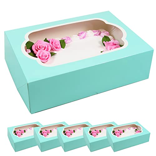 Global Sugar Art Auto-Popup Extra Deep Quarter Sheet Cake Box with Window, Designer Blue, 14 x 10 x 5 Inches, 5 Count. For 9 x 13 sheet cakes, cookies, pastries, desserts.
