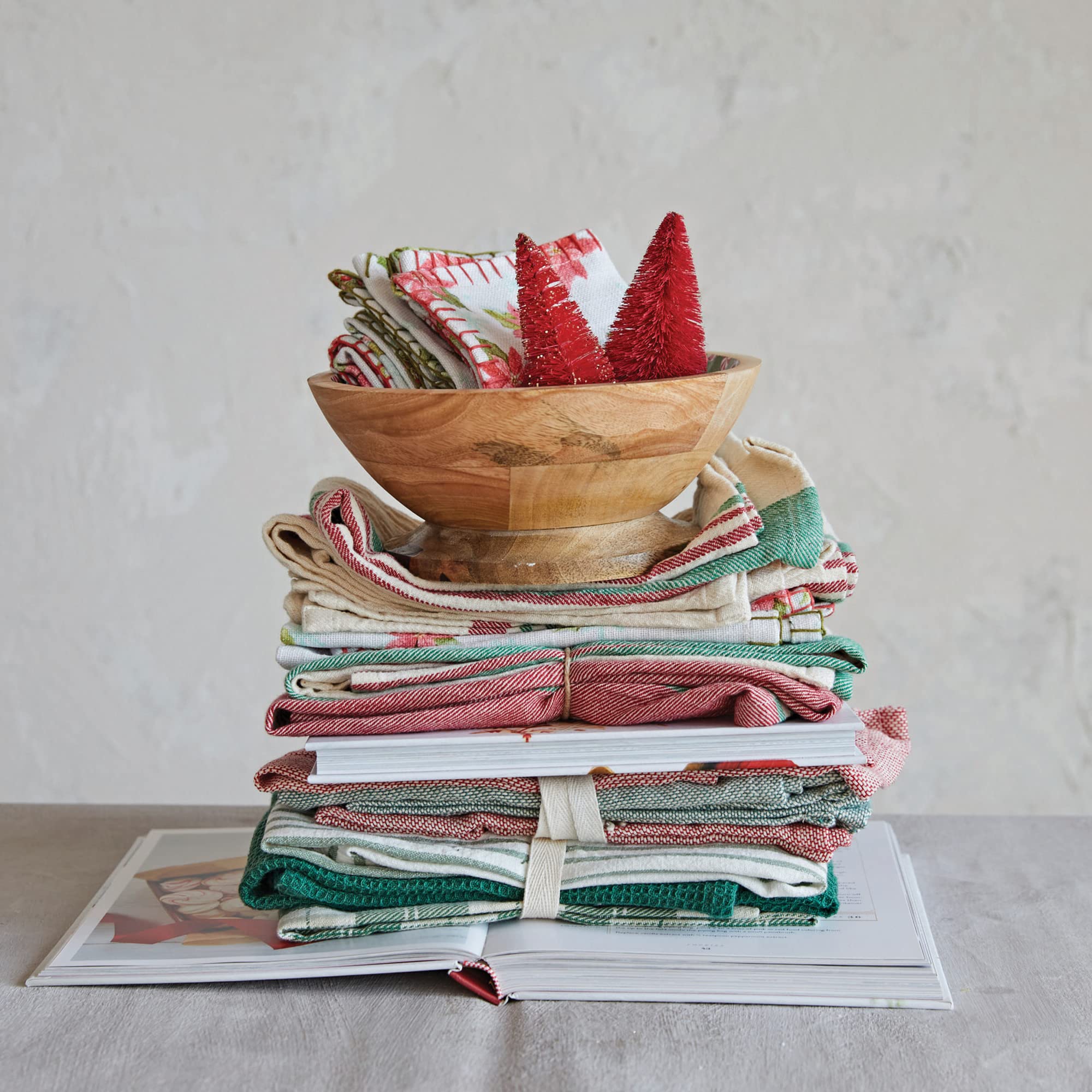 Creative Co-Op 28' L x 18' W Cotton Printed Tea Towels w/Stripes & Jute & Wood Bead Tie, Multi Color, Set of 2