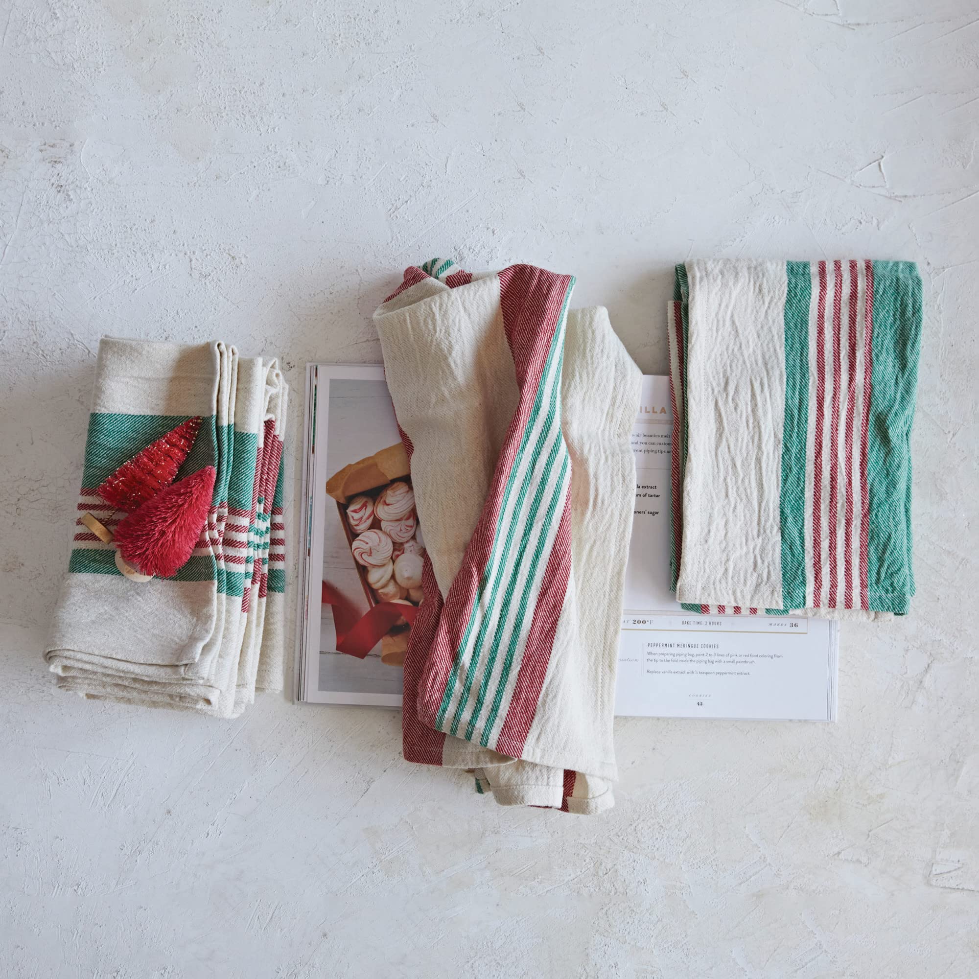Creative Co-Op 28' L x 18' W Cotton Printed Tea Towels w/Stripes & Jute & Wood Bead Tie, Multi Color, Set of 2