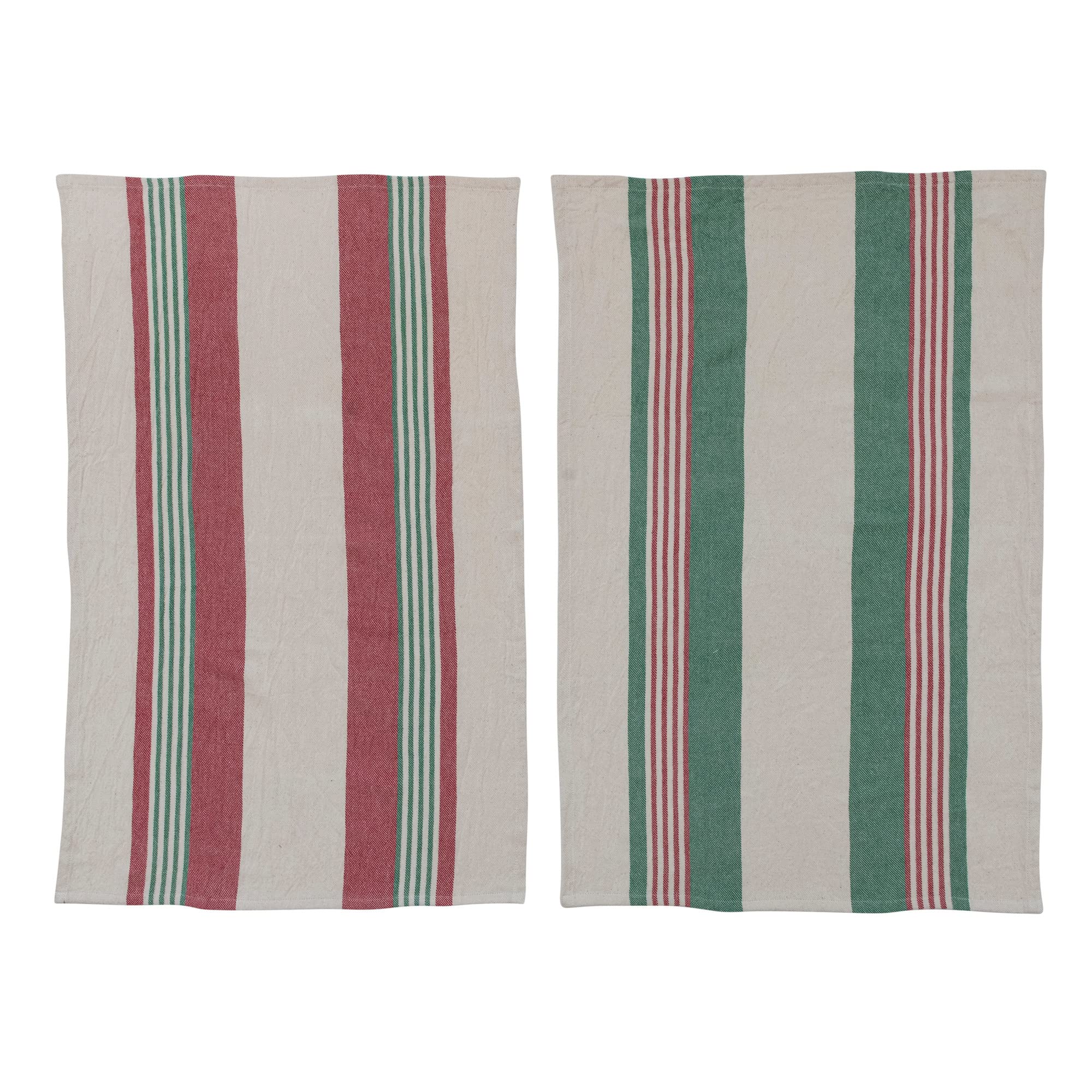 Creative Co-Op 28' L x 18' W Cotton Printed Tea Towels w/Stripes & Jute & Wood Bead Tie, Multi Color, Set of 2