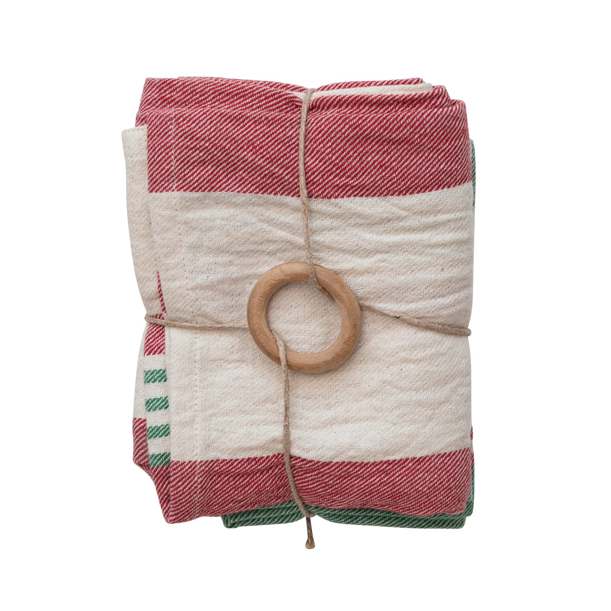 Creative Co-Op 28' L x 18' W Cotton Printed Tea Towels w/Stripes & Jute & Wood Bead Tie, Multi Color, Set of 2