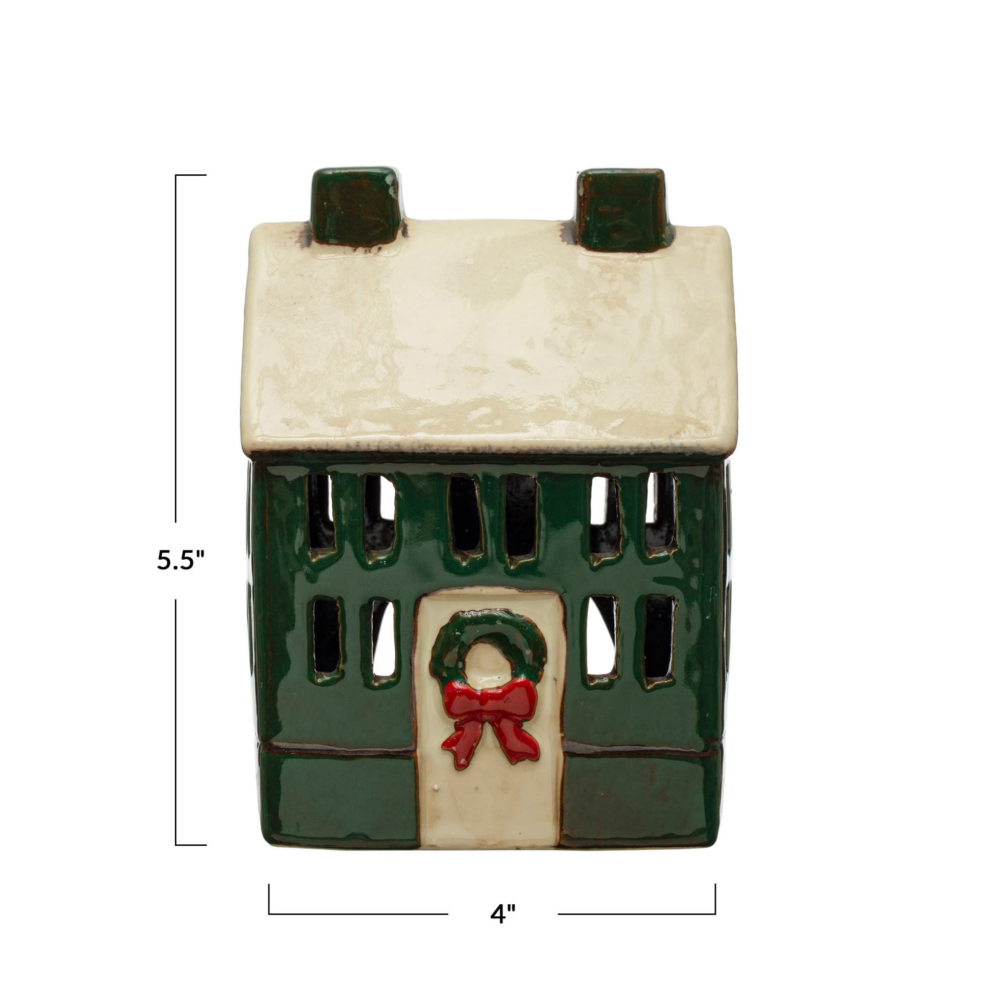 Creative Co-Op 4' L x 3-1/4'W x 5-1/2'H Hand-Painted Stoneware House, Reactive Glaze, Green, Cream Color & Red (Each One Will Vary)