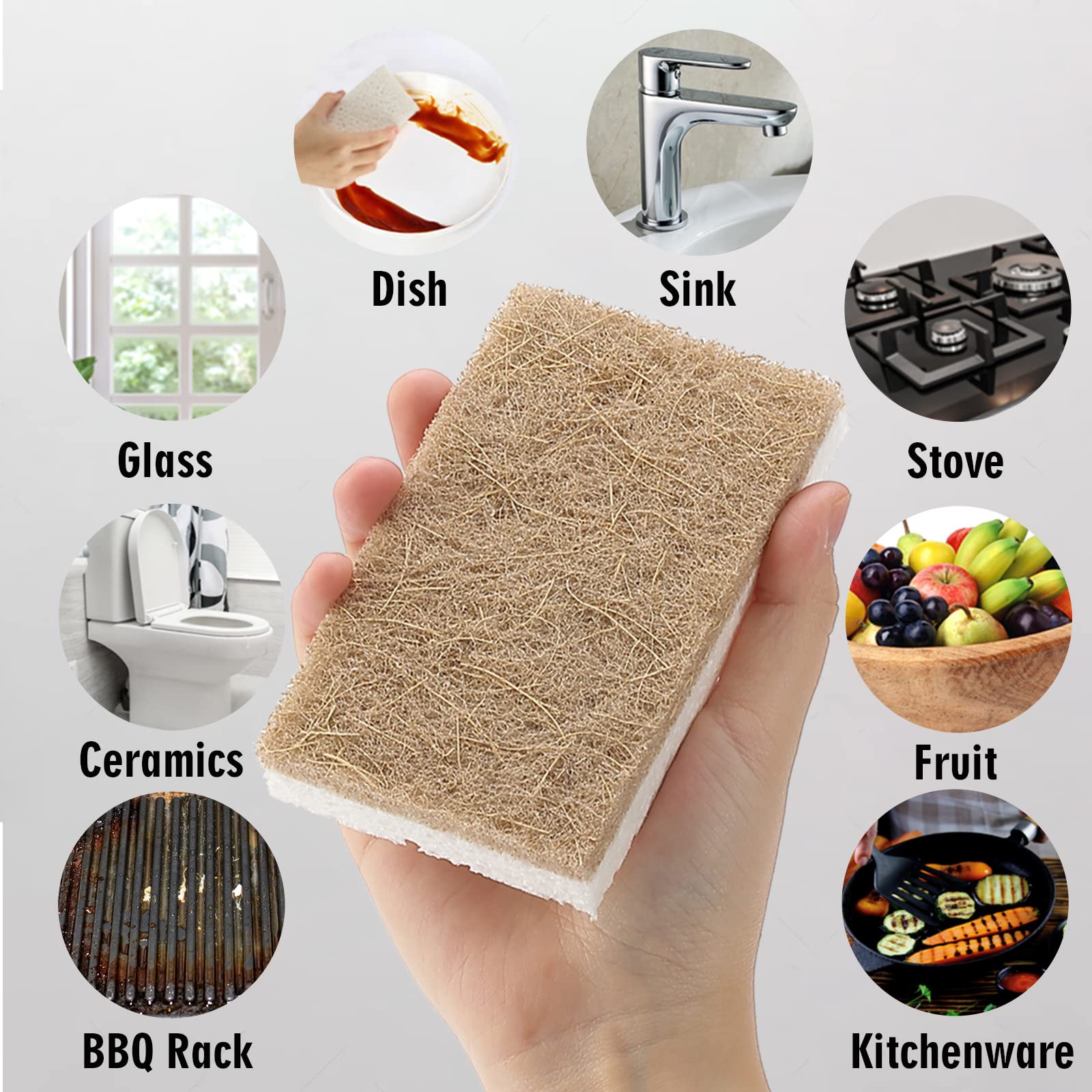 Natural Kitchen Sponge (6 Pack) for Cleaning Dish, Glass, Ceramic, Stove, Fruit, BBQ Rack, Kitchenware, Nature Made Multipurpose Sponges for Sustainable Living