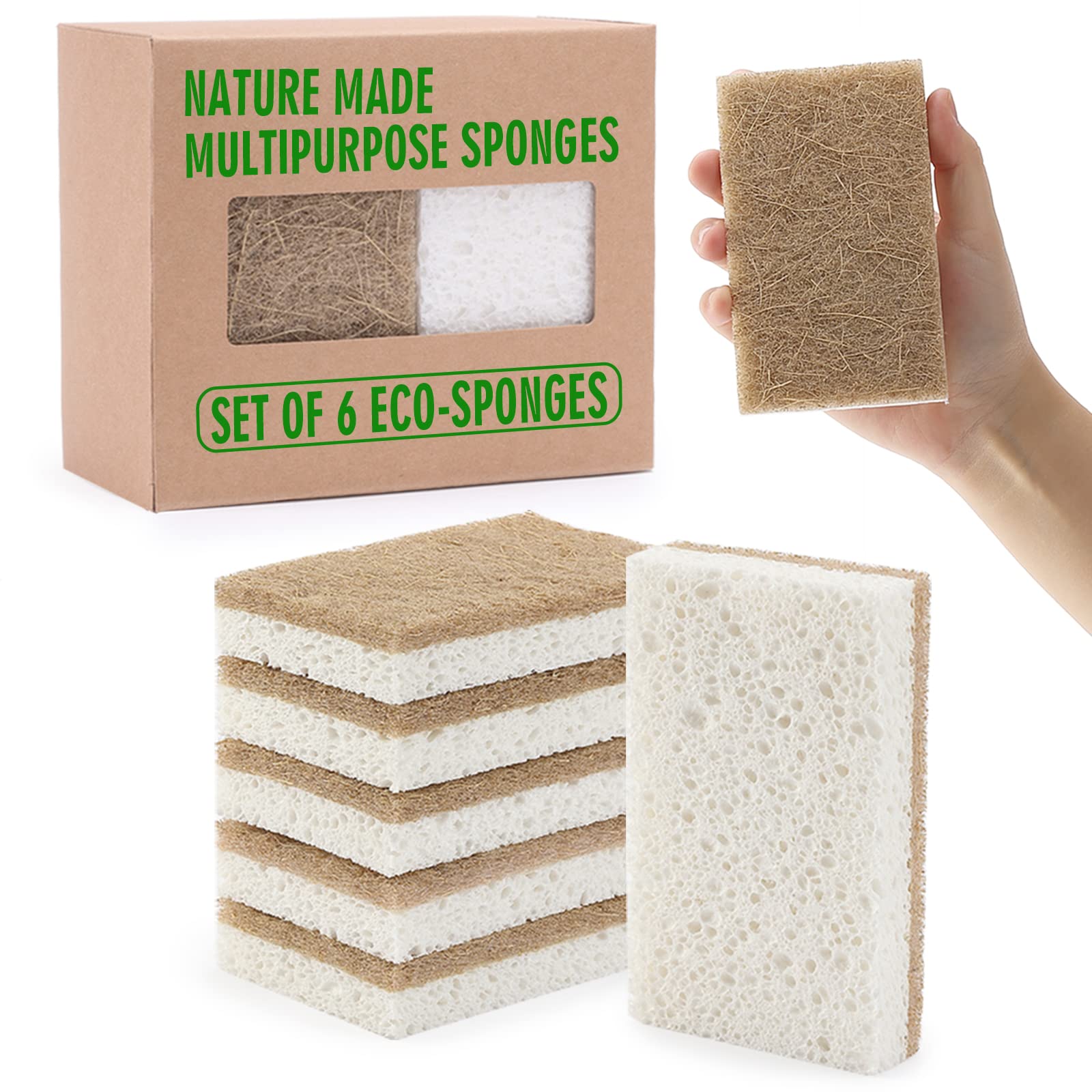 Natural Kitchen Sponge (6 Pack) for Cleaning Dish, Glass, Ceramic, Stove, Fruit, BBQ Rack, Kitchenware, Nature Made Multipurpose Sponges for Sustainable Living