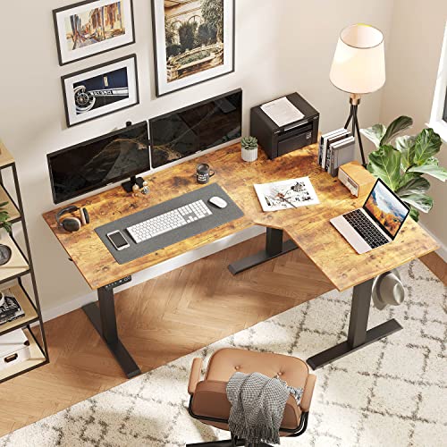 BANTI Triple Motors 63" L Shaped Standing Desk Height Adjustable, Electric Stand up Corner Desk, Sit Stand Home Office Desk Computer Workstation with Memory Preset, Rustic Brown Top