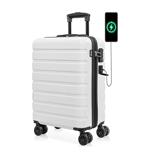 AnyZip Carry On Luggage 21" Hardside PC ABS Lightweight USB Suitcase with Wheels TSA Lock for kids White