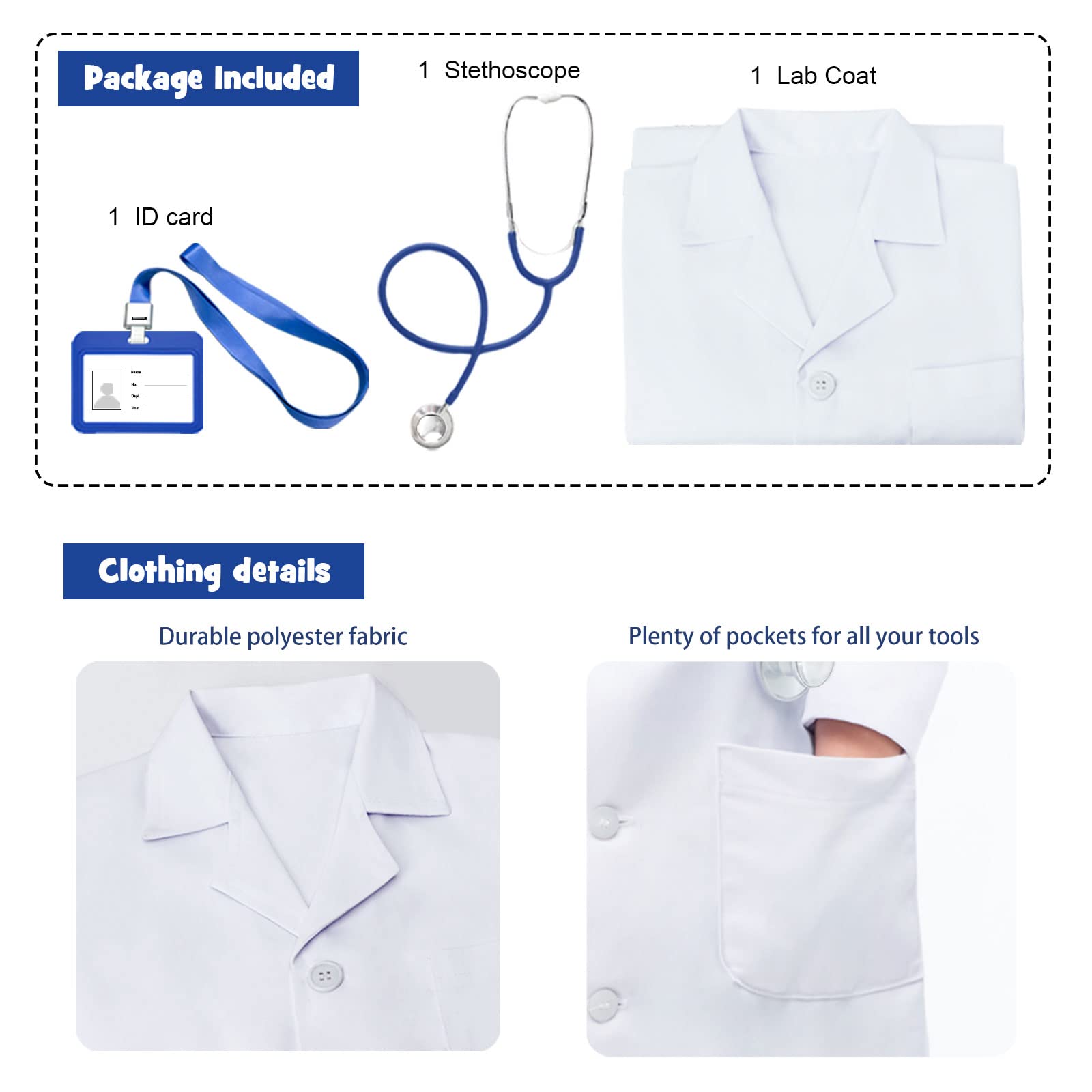 HTVYYDS White Lab Coat for Kids, Doctor Coat with Working Stethoscope and ID Card,Doctor Scientist Costume for Boy Girls