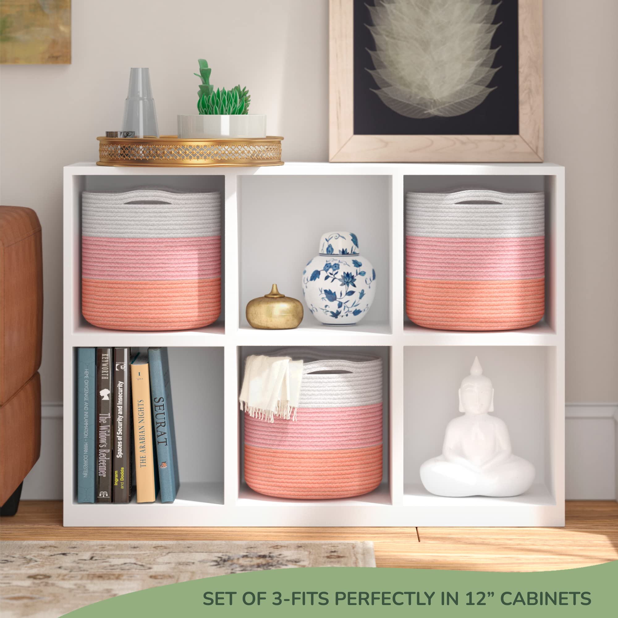 Eco Living Recycled Cotton Rope Storage Cube Basket, Plant Basket Multi-Purpose Woven Cube Organizer/Shelves, Closet Storage Bins, Nursery Kids Room Organizer 11 Inch Set of 3 - White & Pink