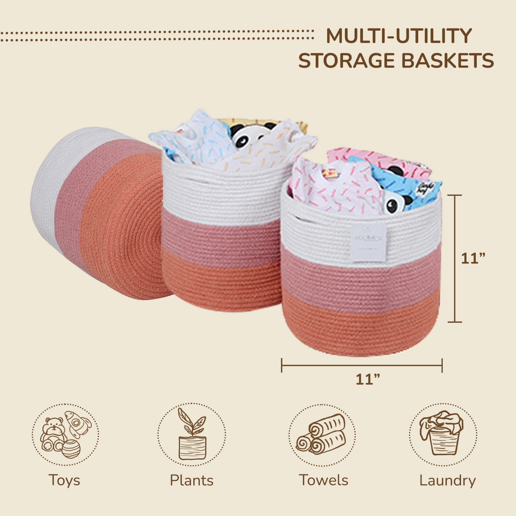 Eco Living Recycled Cotton Rope Storage Cube Basket, Plant Basket Multi-Purpose Woven Cube Organizer/Shelves, Closet Storage Bins, Nursery Kids Room Organizer 11 Inch Set of 3 - White & Pink