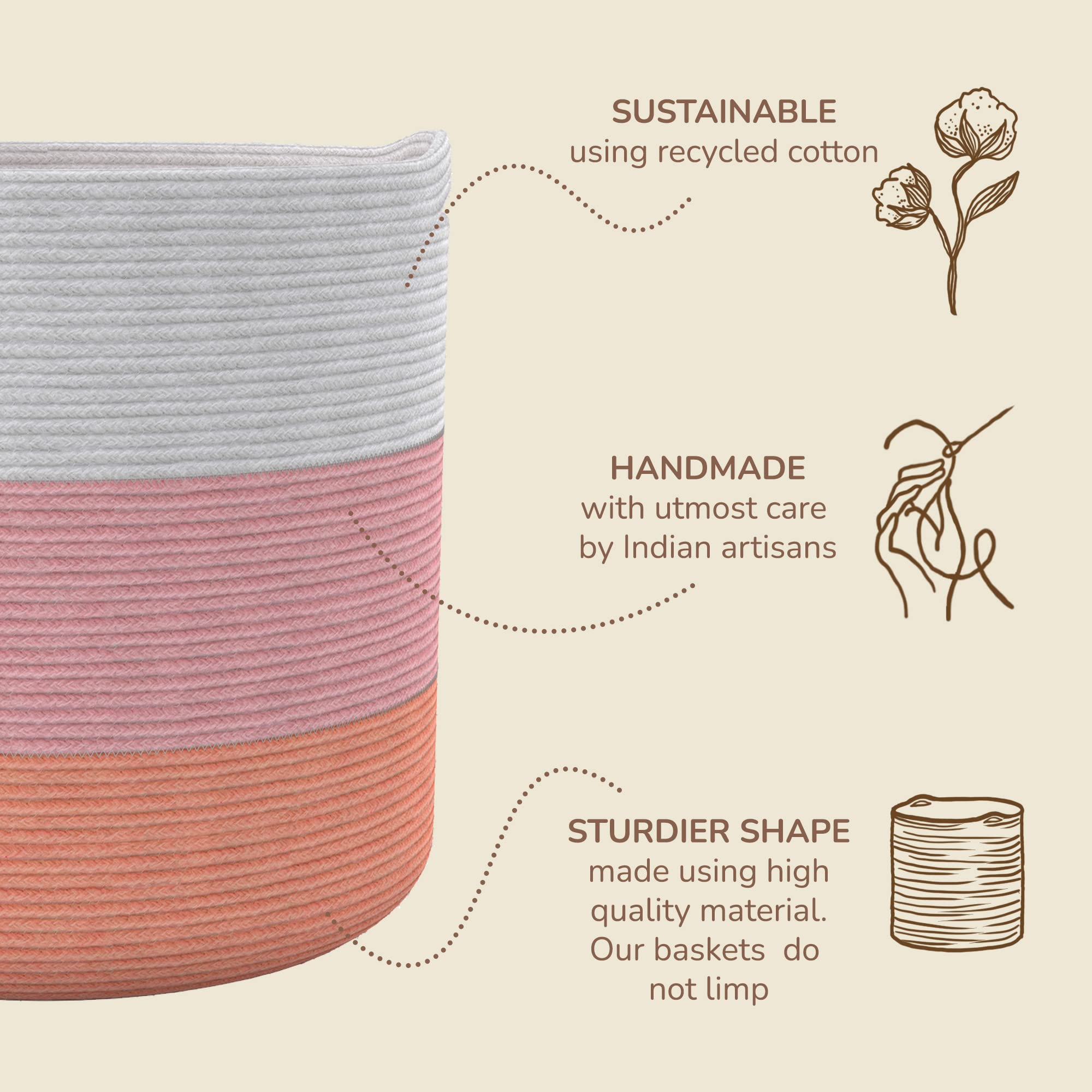 Eco Living Recycled Cotton Rope Storage Cube Basket, Plant Basket Multi-Purpose Woven Cube Organizer/Shelves, Closet Storage Bins, Nursery Kids Room Organizer 11 Inch Set of 3 - White & Pink