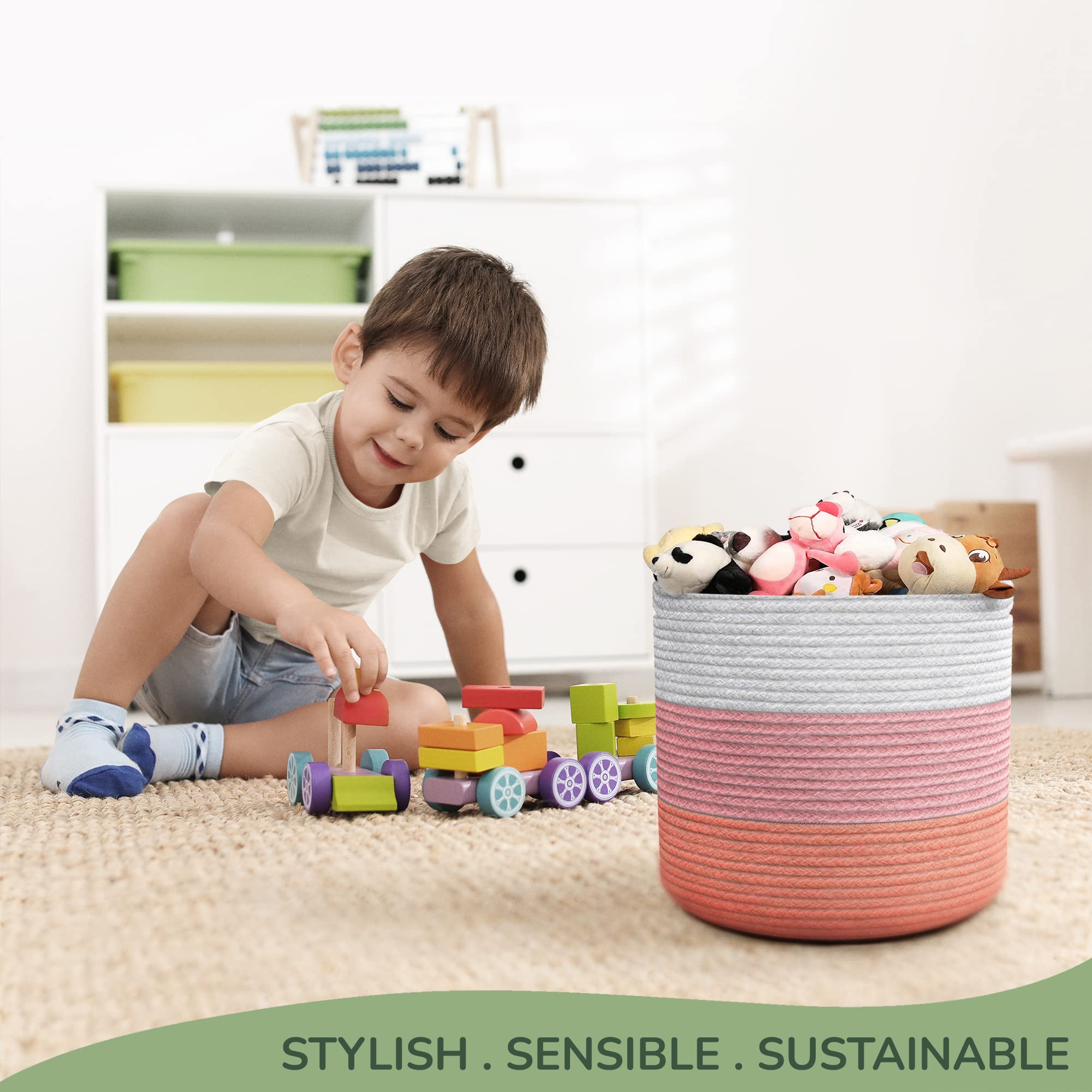 Eco Living Recycled Cotton Rope Storage Cube Basket, Plant Basket Multi-Purpose Woven Cube Organizer/Shelves, Closet Storage Bins, Nursery Kids Room Organizer 11 Inch Set of 3 - White & Pink