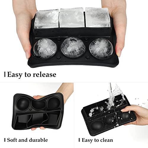 Ice Cube Trays 2 Pack, Morfone Silicone Round Ice Ball Molds& Square Large Ice Molds Combo with Lids, Funnel Design Easy-Release Reusable Ice Ball Maker for Whiskey, Cocktail, Bourbon, Homemade Drinks