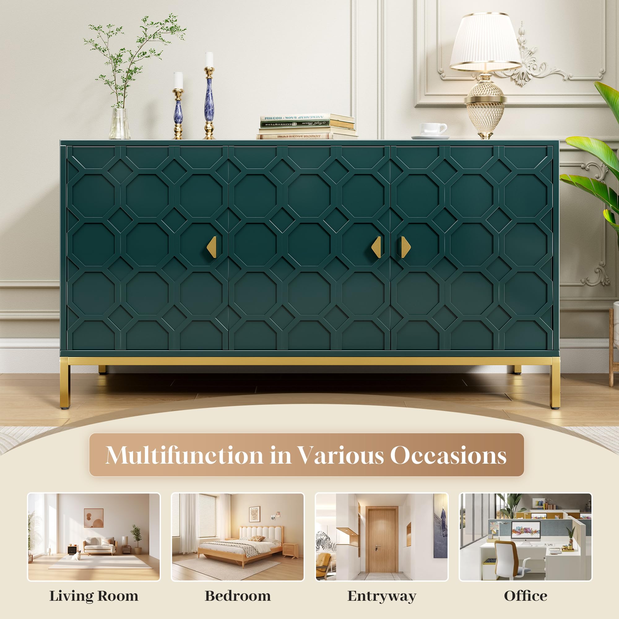 Boyel Living Sideboard Cabinet, Modern Storage Cabinet with 3-Door, Accent Cabinet for Living Room, Hallway, Entryway or Kitchen (Green)
